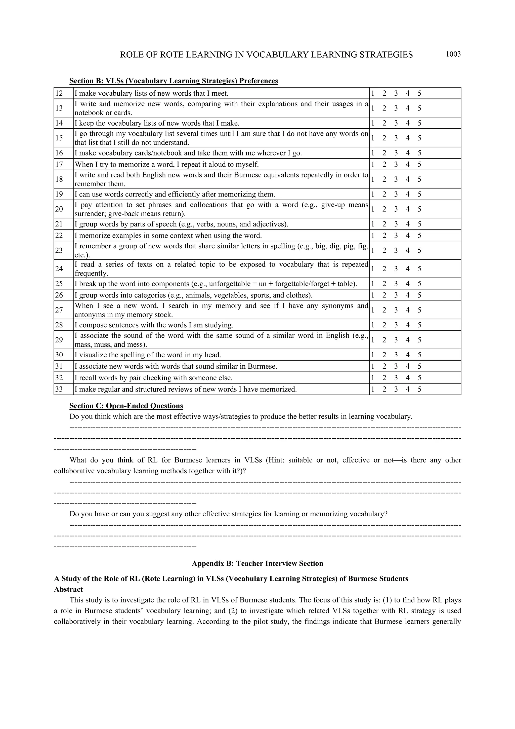 A study of the role of rote learning in vocabulary learning | PDF