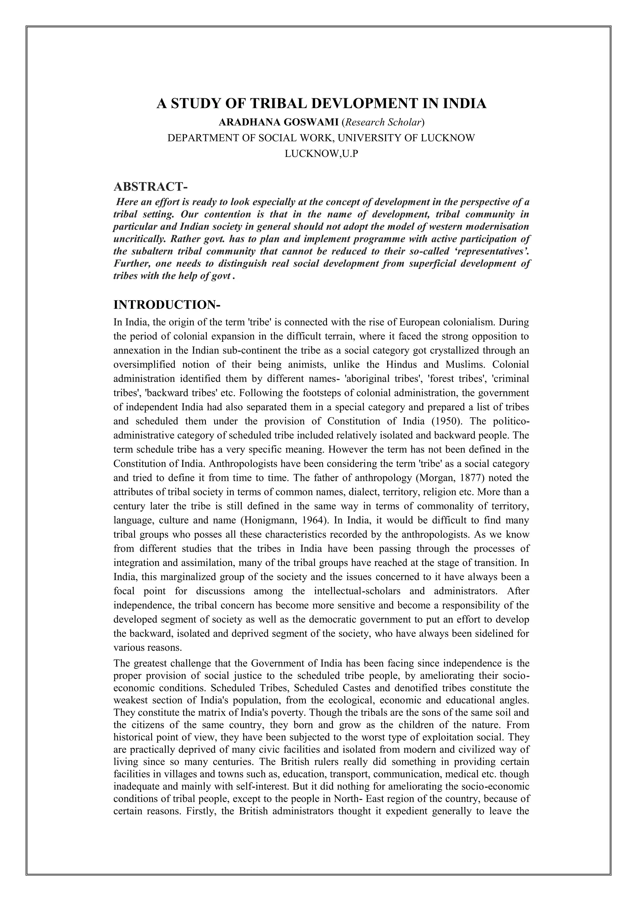 A study of tribal devlopment in india | DOCX