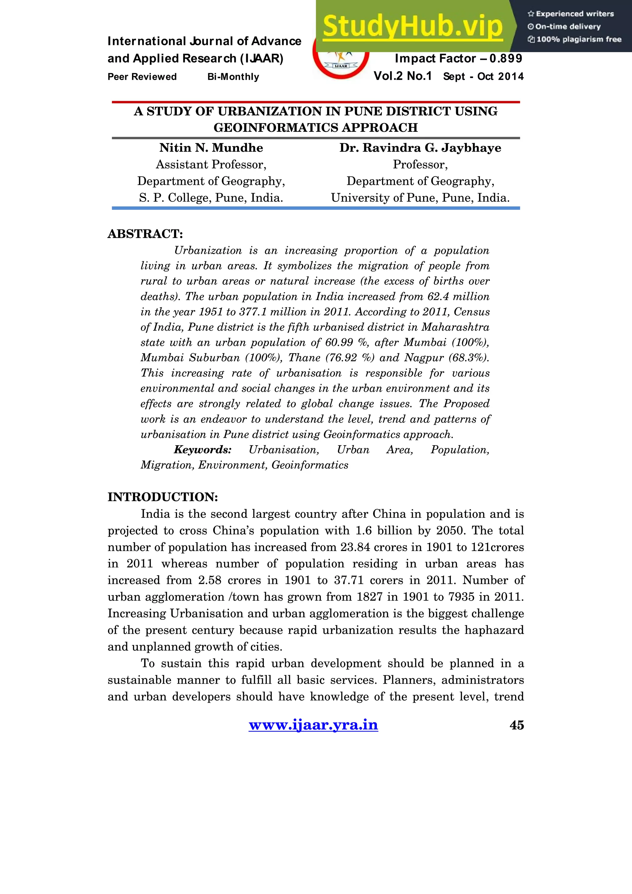 A Study Of Urbanization In Pune District Using Geoinformatics Approach ...