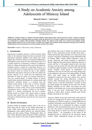 A study on academic anxiety among adolescents of minicoy island | PDF