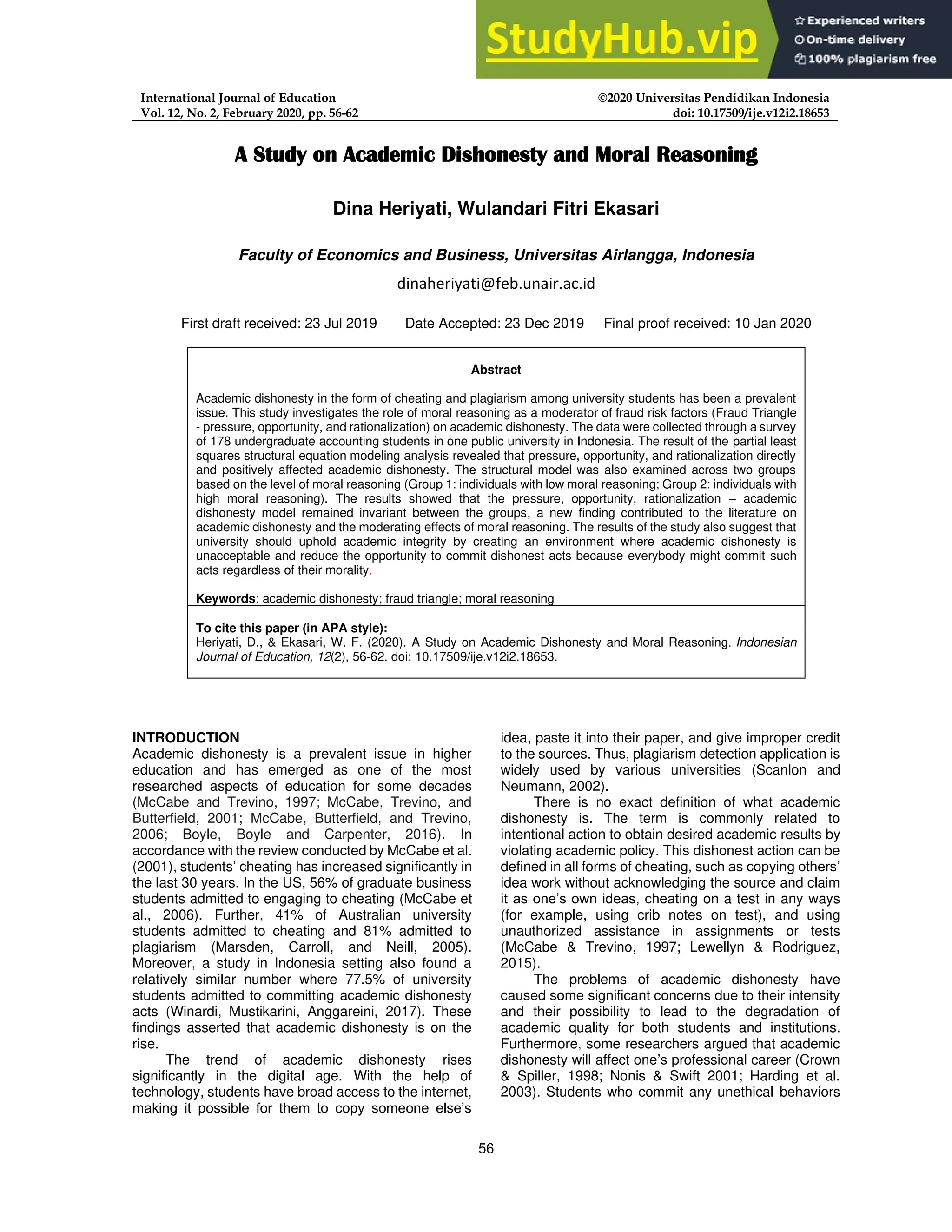 A Study On Academic Dishonesty And Moral Reasoning | PDF