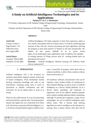 A Study On Artificial Intelligence Technologies And Its Applications | PDF