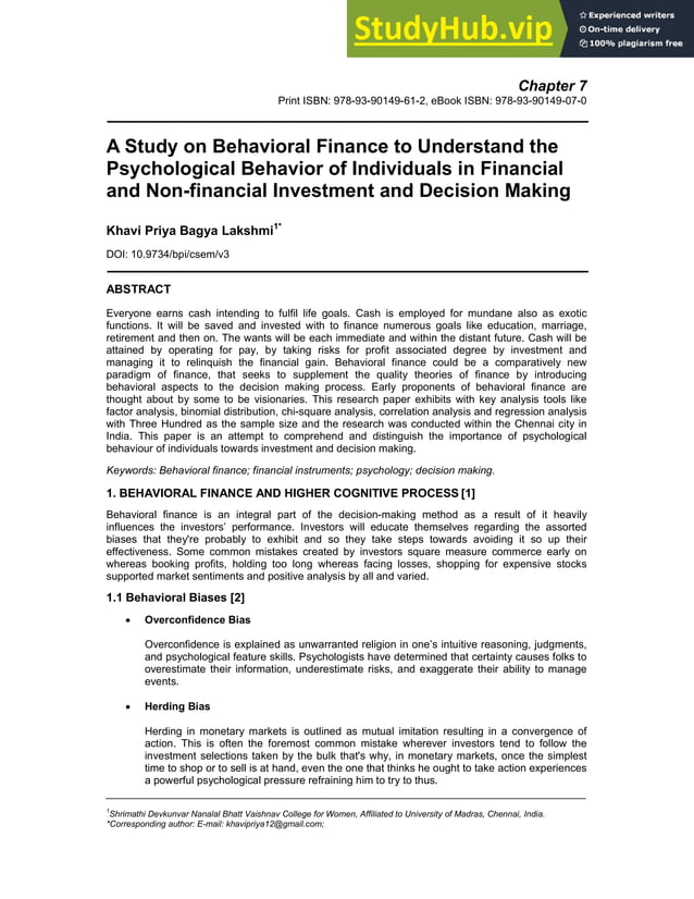 A Study On Behavioral Finance To Understand The Psychological Behavior ...