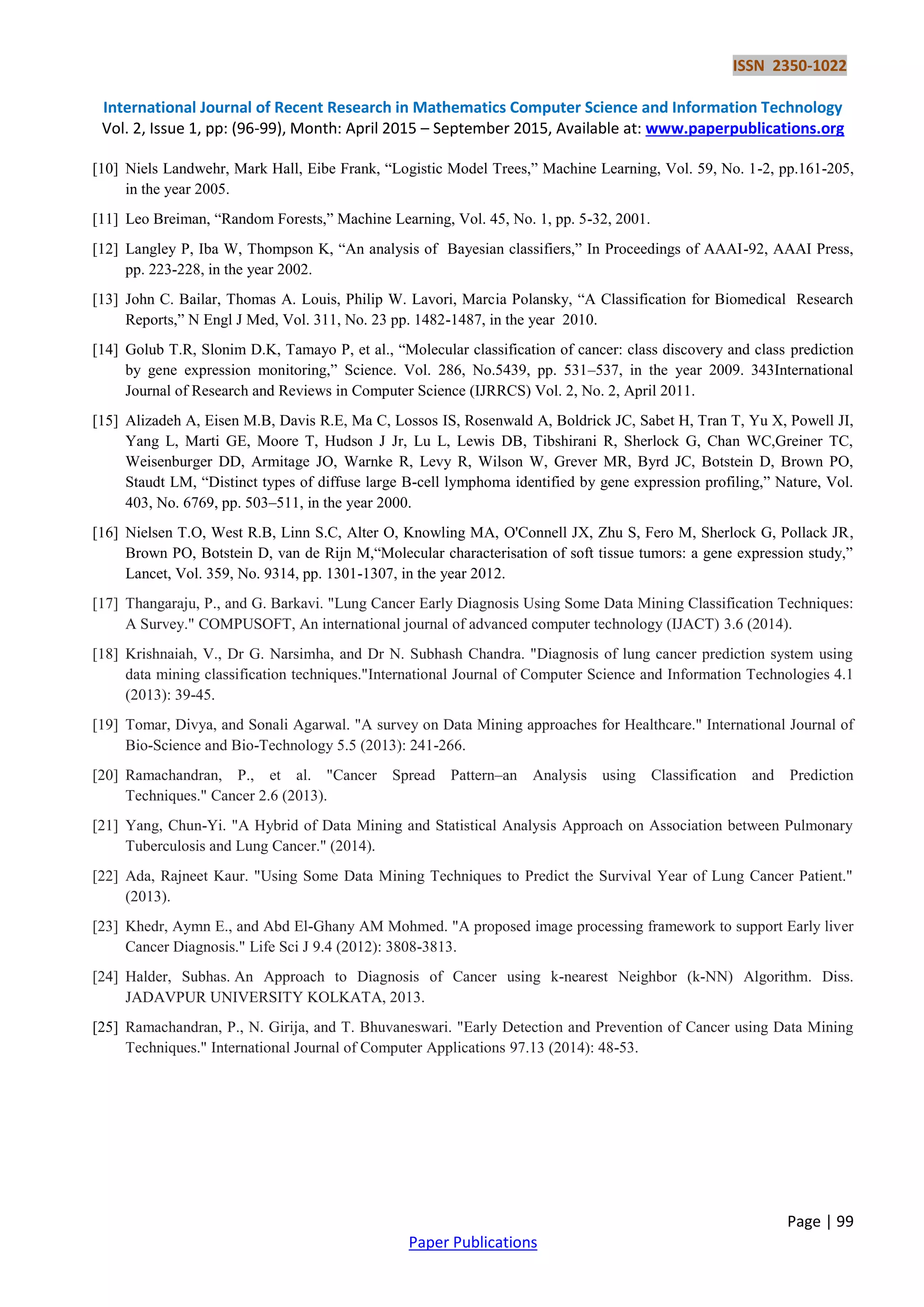 A Study on Cancer Perpetuation Using the Classification Algorithms | PDF