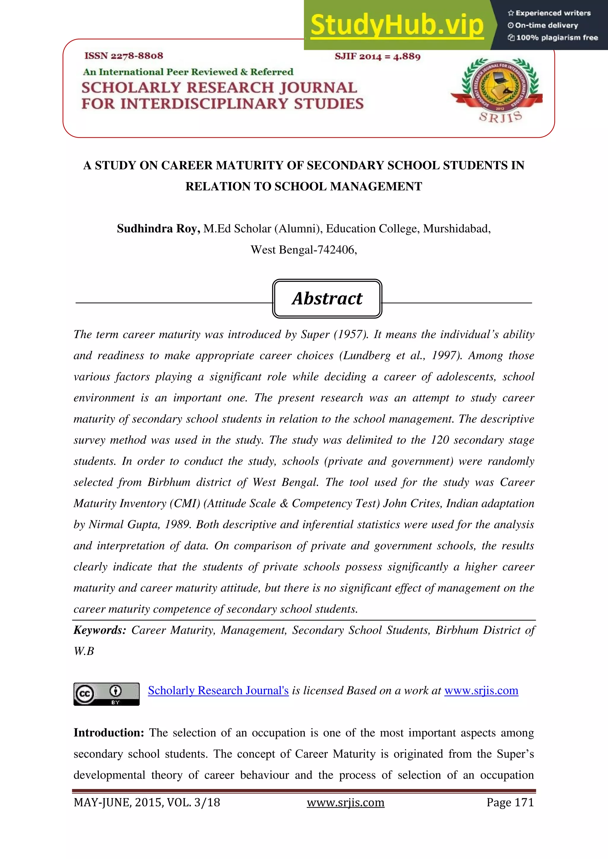 A Study On Career Maturity Of Secondary School Students In Relation To ...