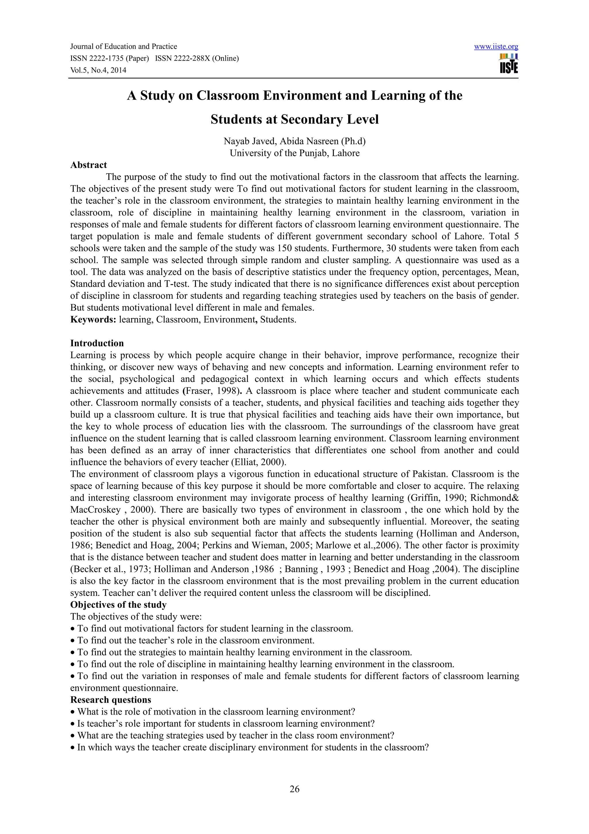 A study on classroom environment and learning of the students at ...