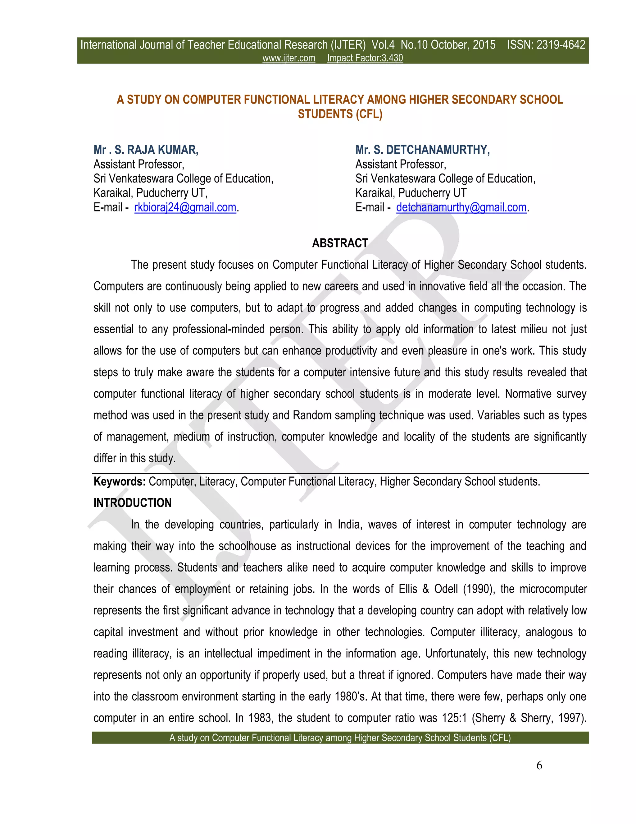 A STUDY ON COMPUTER FUNCTIONAL LITERACY AMONG HIGHER SECONDARY SCHOOL STUDENTS (CFL) | PDF