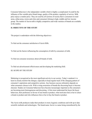 A study on consumer behavior of aavin milk in bhel township | DOCX