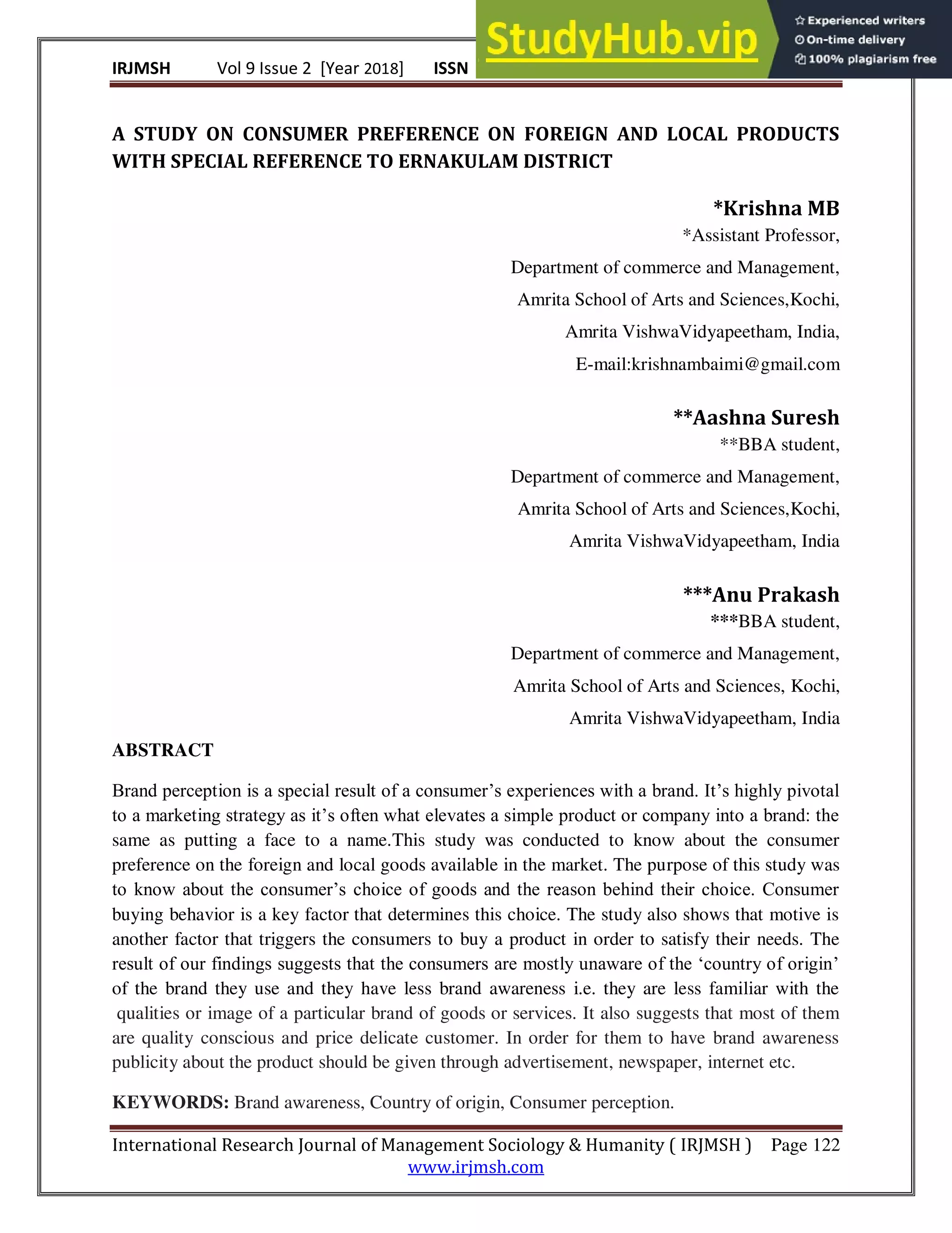 A STUDY ON CONSUMER PREFERENCE ON FOREIGN AND LOCAL PRODUCTS WITH ...