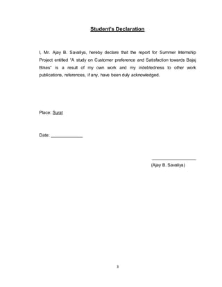 A study on customer preferebce and satisfaction towards bajaj bikes | PDF