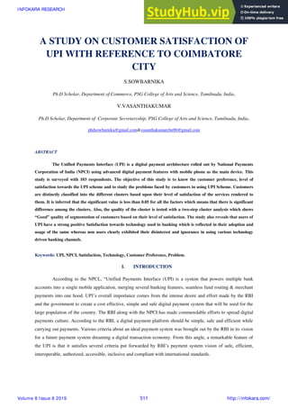 A STUDY ON CUSTOMER SATISFACTION OF UPI WITH REFERENCE TO COIMBATORE ...