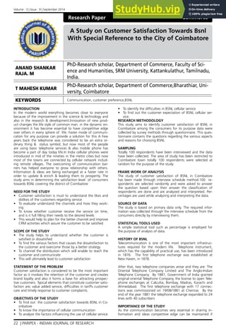 A Study On Customer Satisfaction Towards Bsnl With Special Reference To The City Of Coimbatore ...