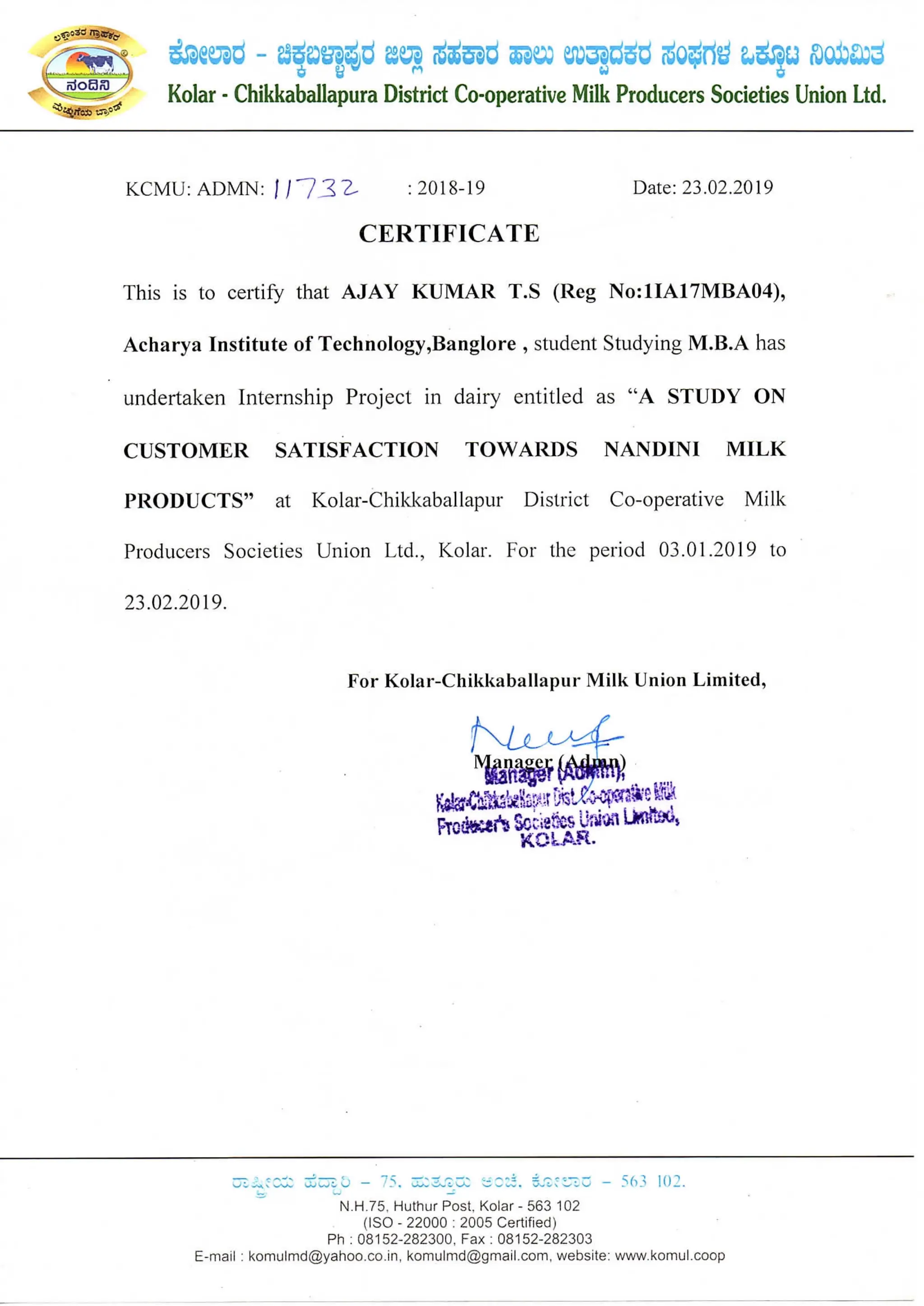 A Study on Customer Satisfaction Towards Nandini Milk Products, KMF ...