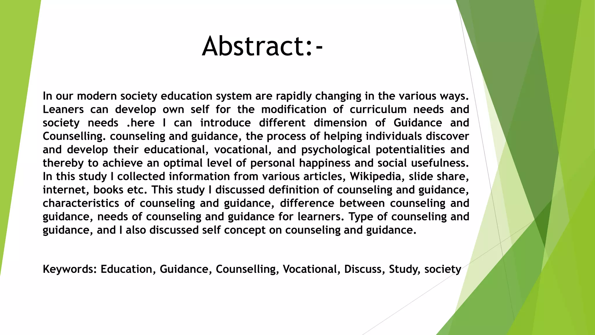 A study on different dimensions of guidance and counselling | PPTX