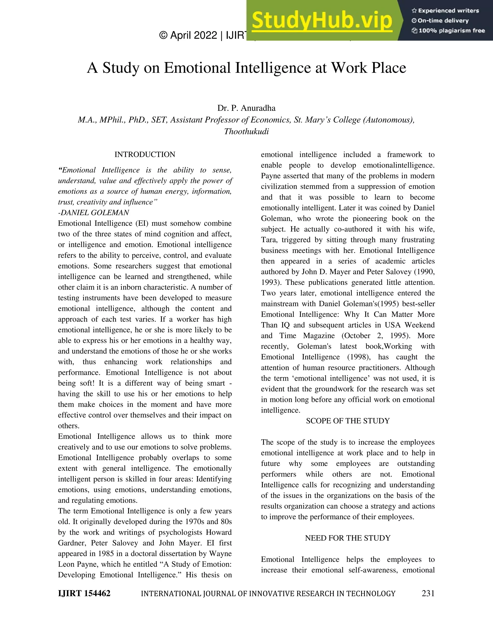 A Study On Emotional Intelligence At Work Place | PDF