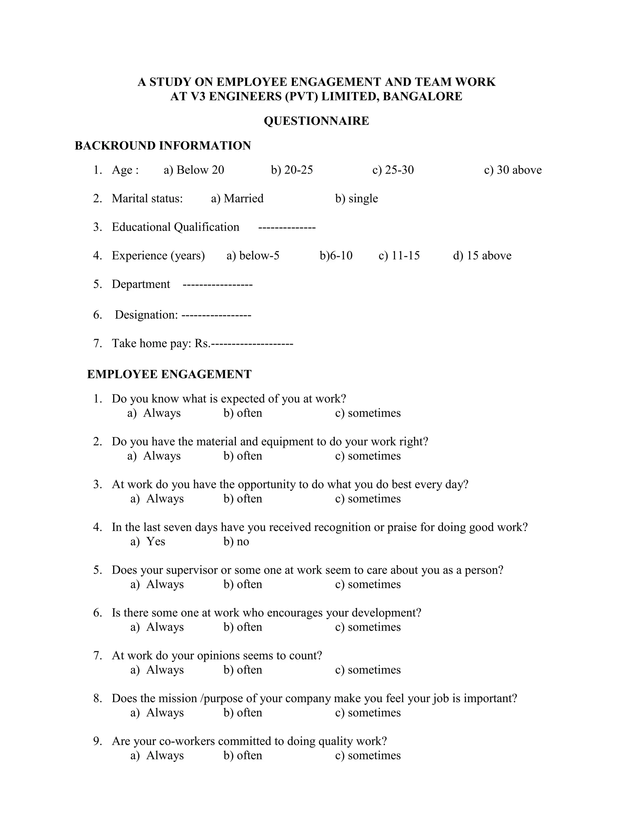 A study on employee engagement and team work at v3 engineers | PDF