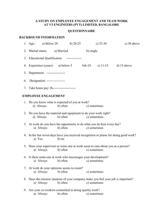 A study on employee engagement and team work at v3 engineers | PDF