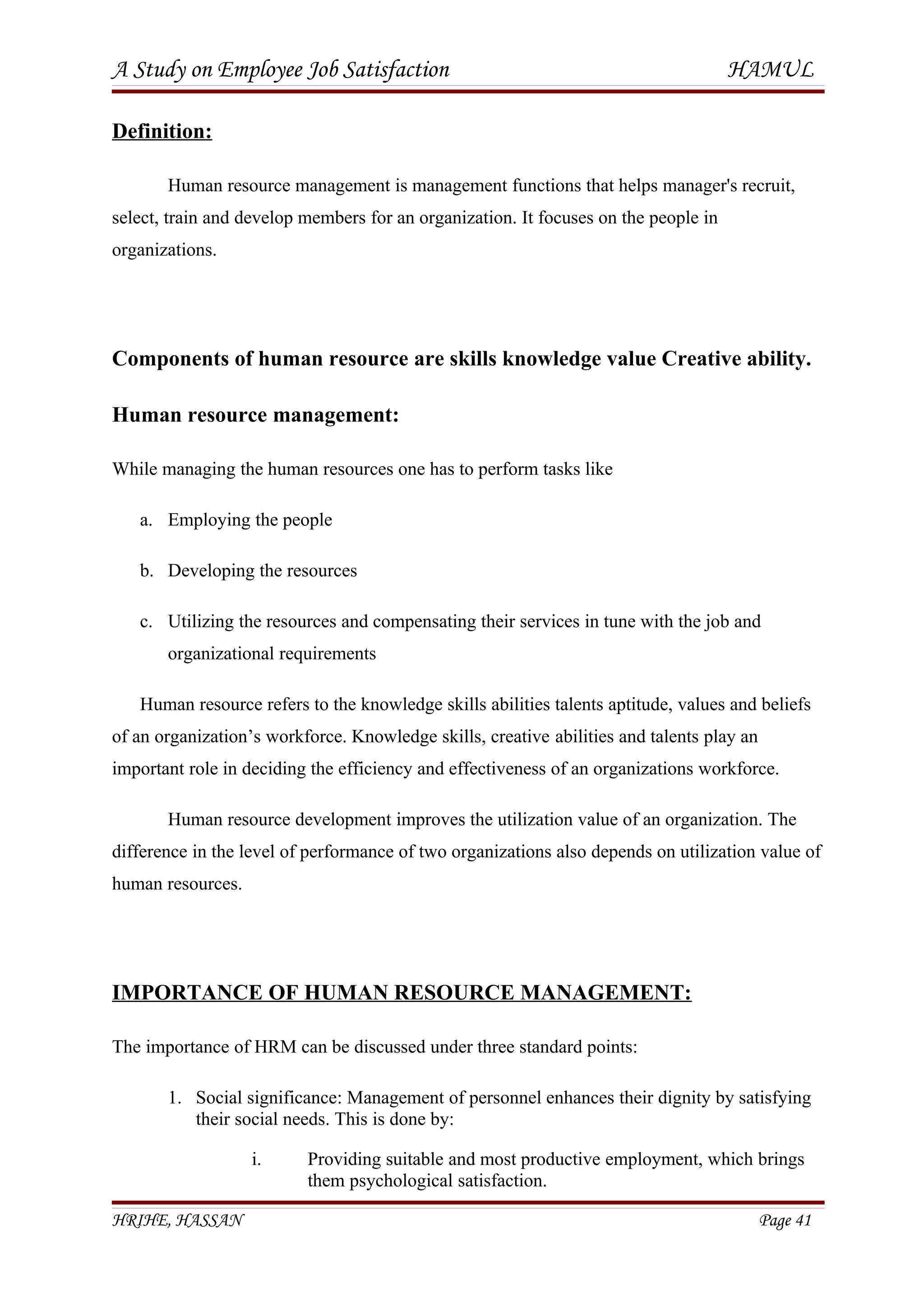 A study on employee job satisfaction h r final project | DOC