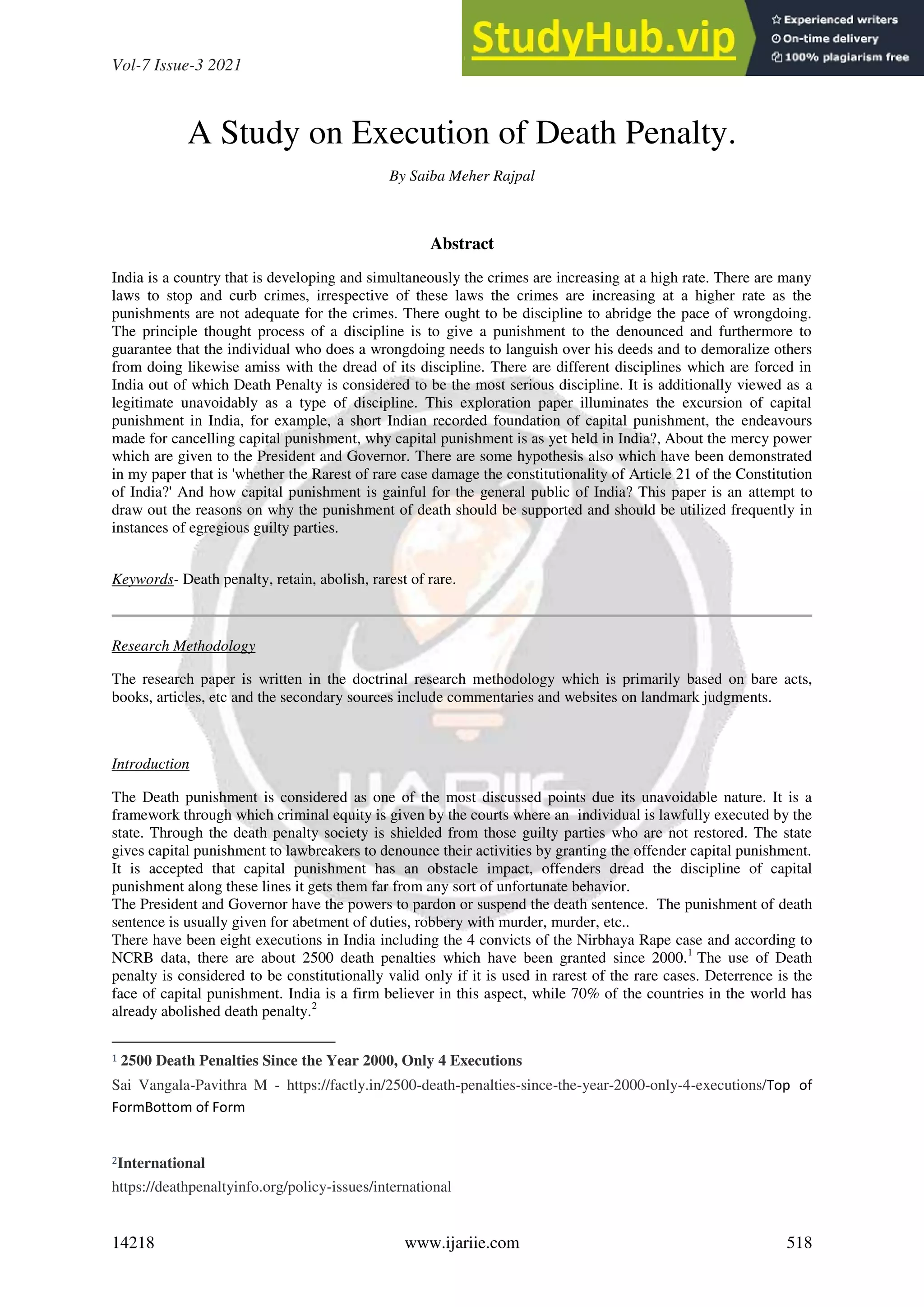 A Study On Execution Of Death Penalty | PDF