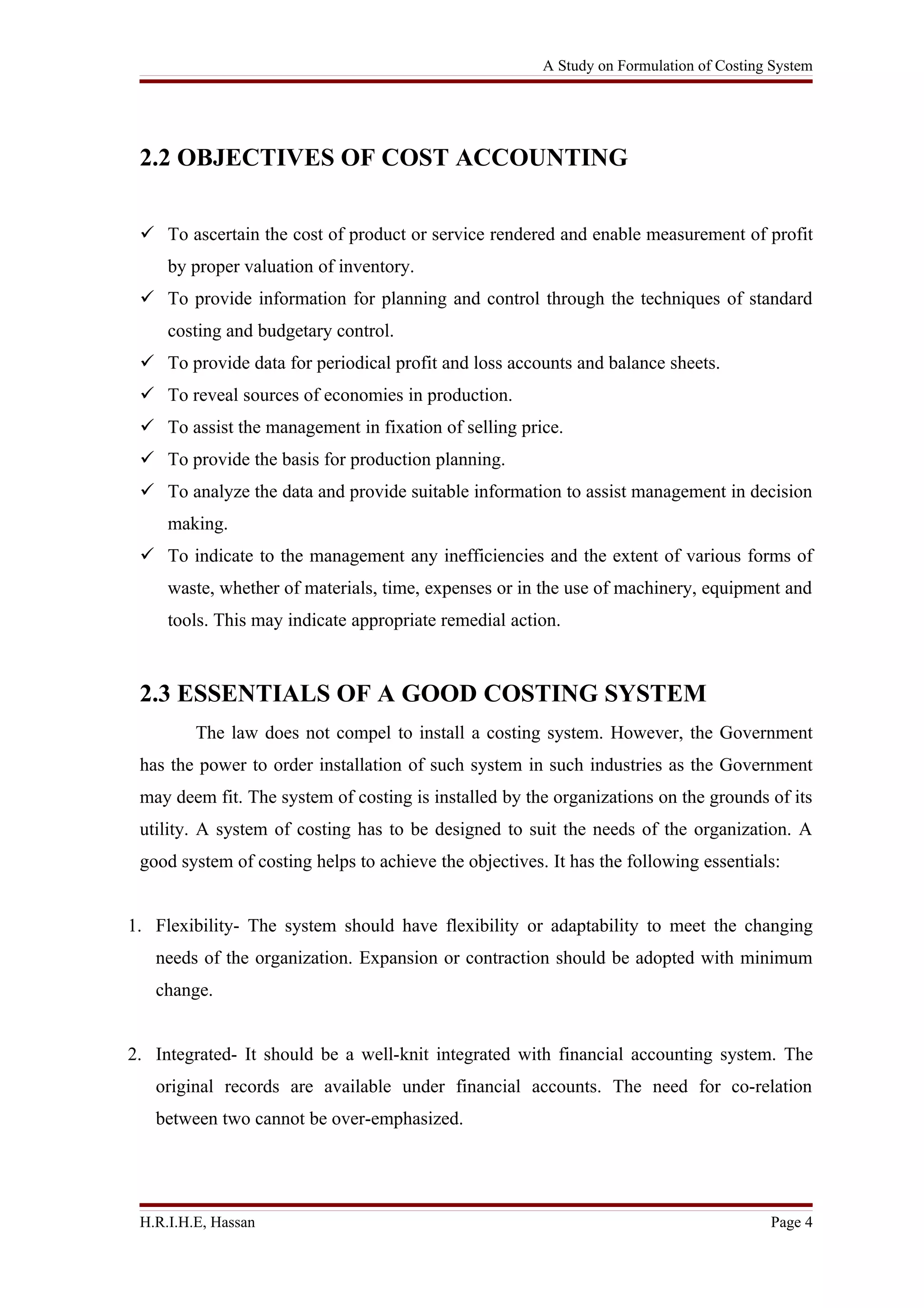 A study on formulation of costing system | DOC