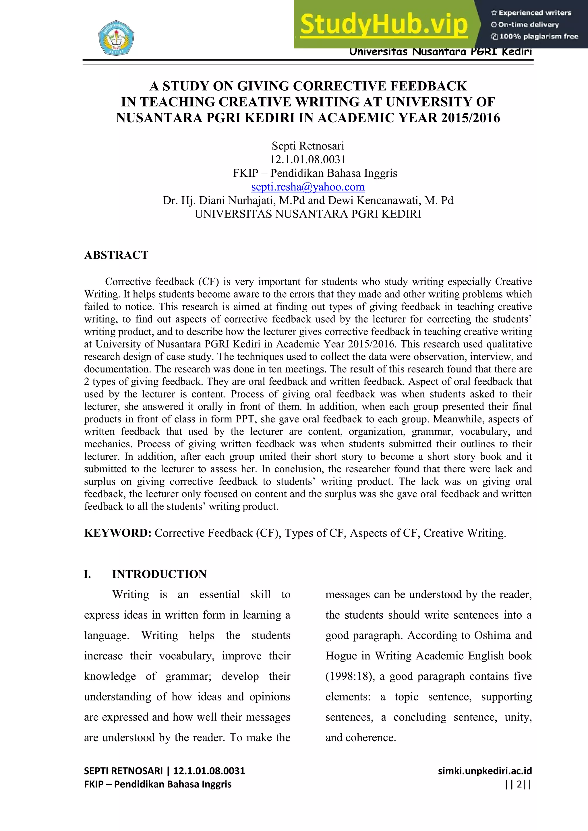 A Study On Giving Corrective Feedback In Teaching Creative Writing At University Of Nusantara ...