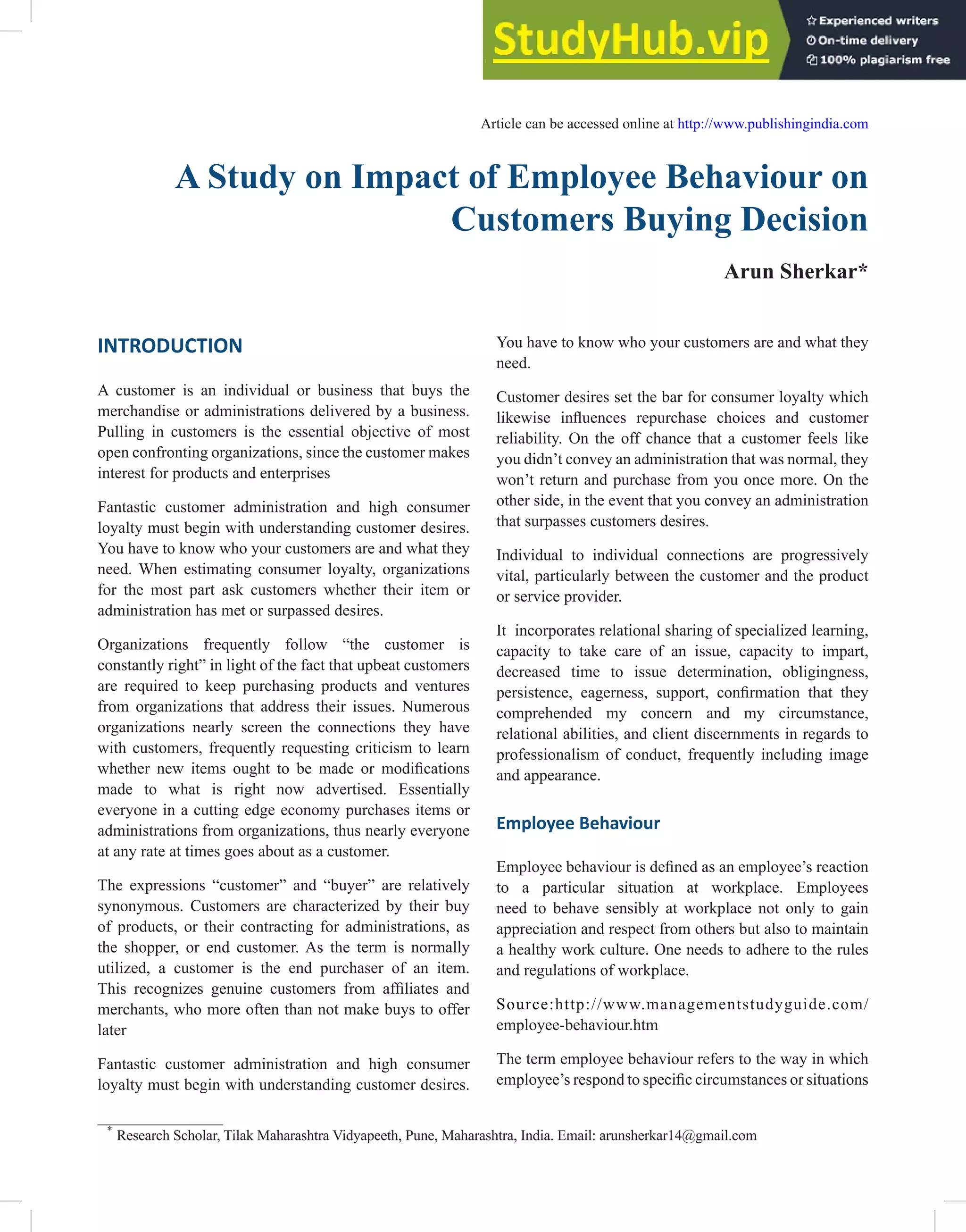 A Study On Impact Of Employee Behaviour On Customers Buying Decision | PDF