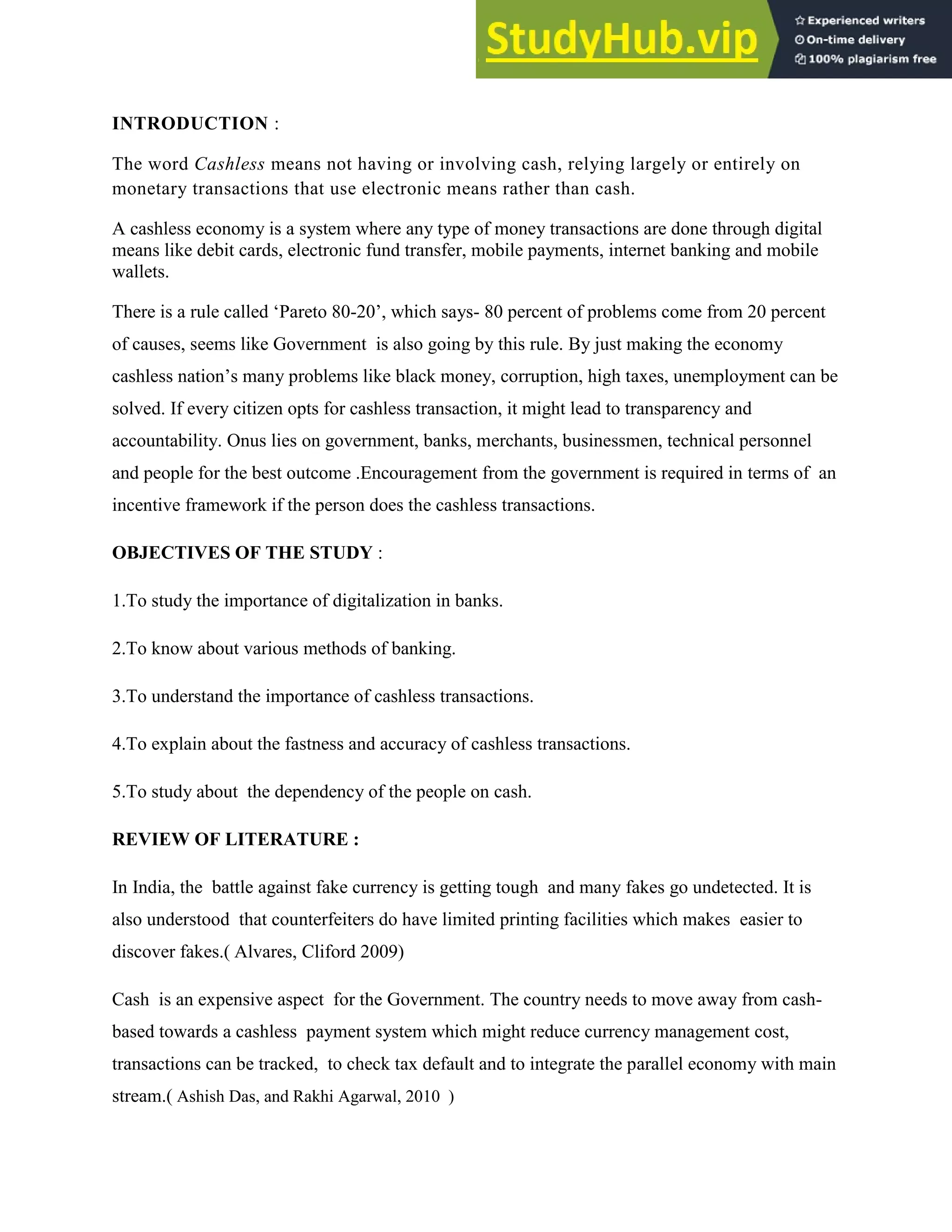 A STUDY ON IMPORTANCE OF CASHLESS TRANSACTIONS IN INDIA | PDF