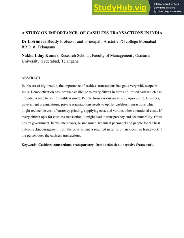 A STUDY ON IMPORTANCE OF CASHLESS TRANSACTIONS IN INDIA | PDF
