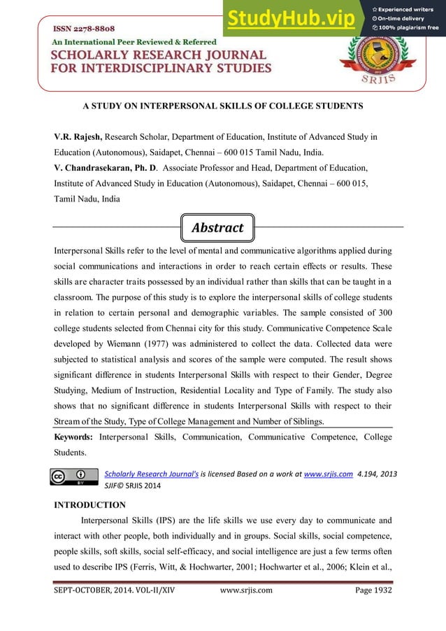 A STUDY ON INTERPERSONAL SKILLS OF COLLEGE STUDENTS | PDF