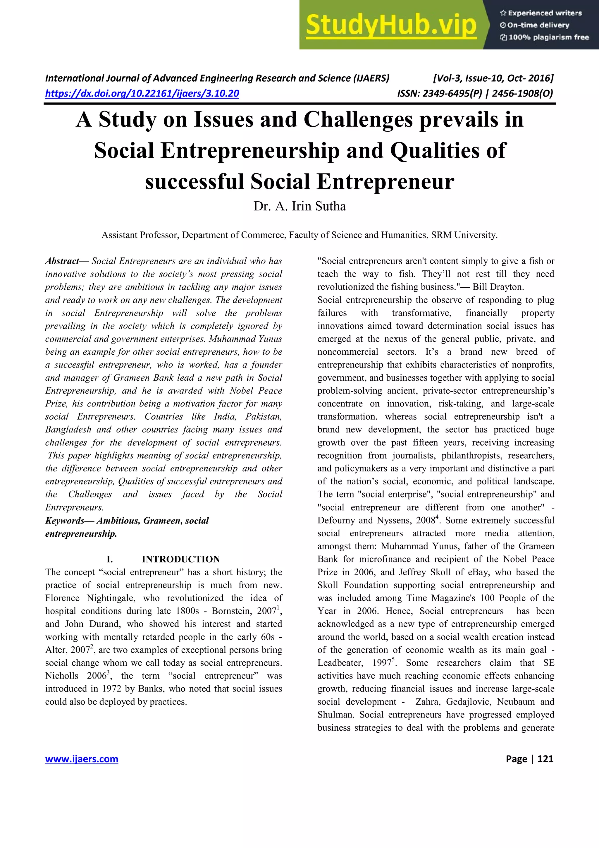 A Study On Issues And Challenges Prevails In Social Entrepreneurship ...