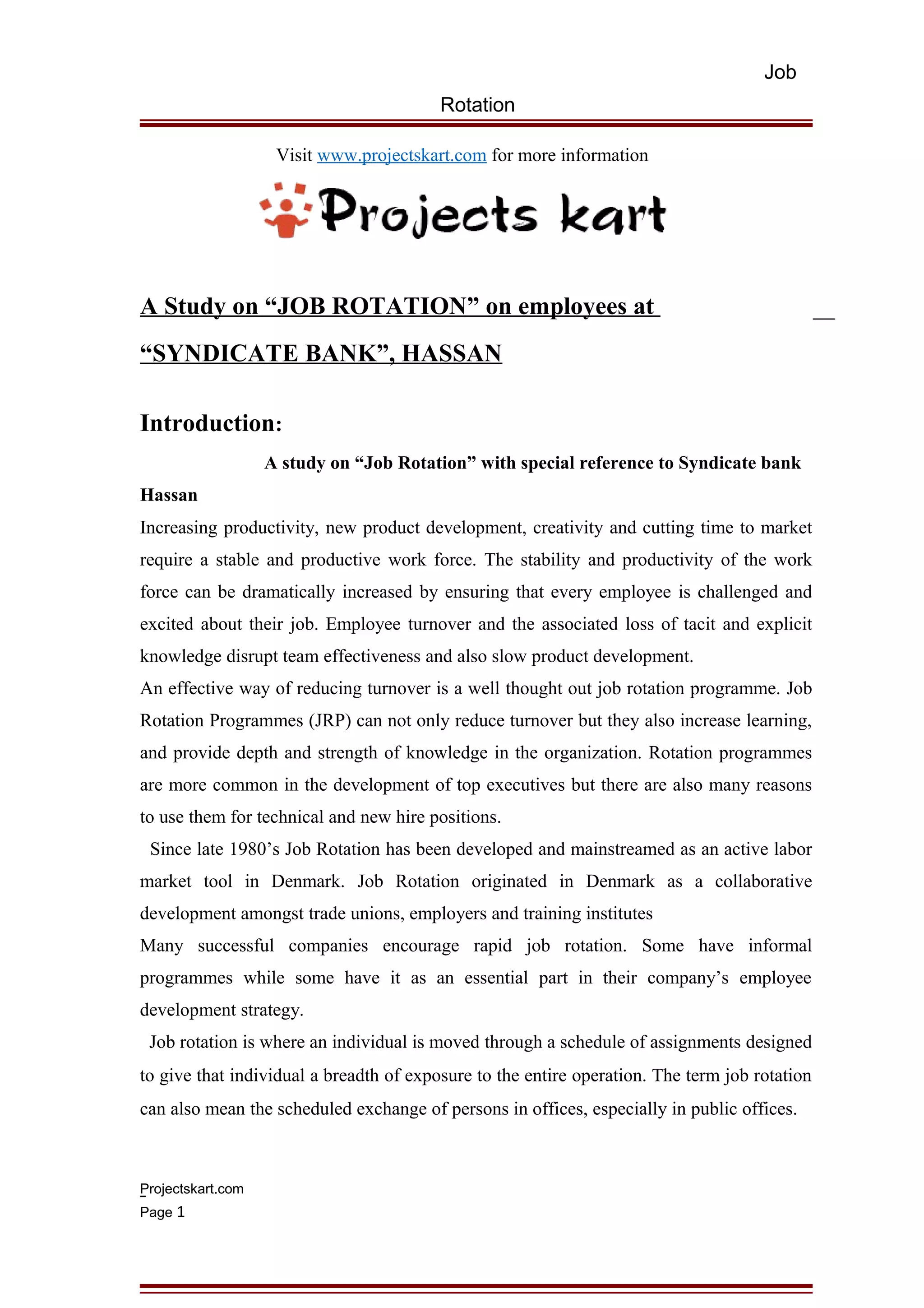 A Study on Job Rotation with special reference to Syndicate Bank | DOC