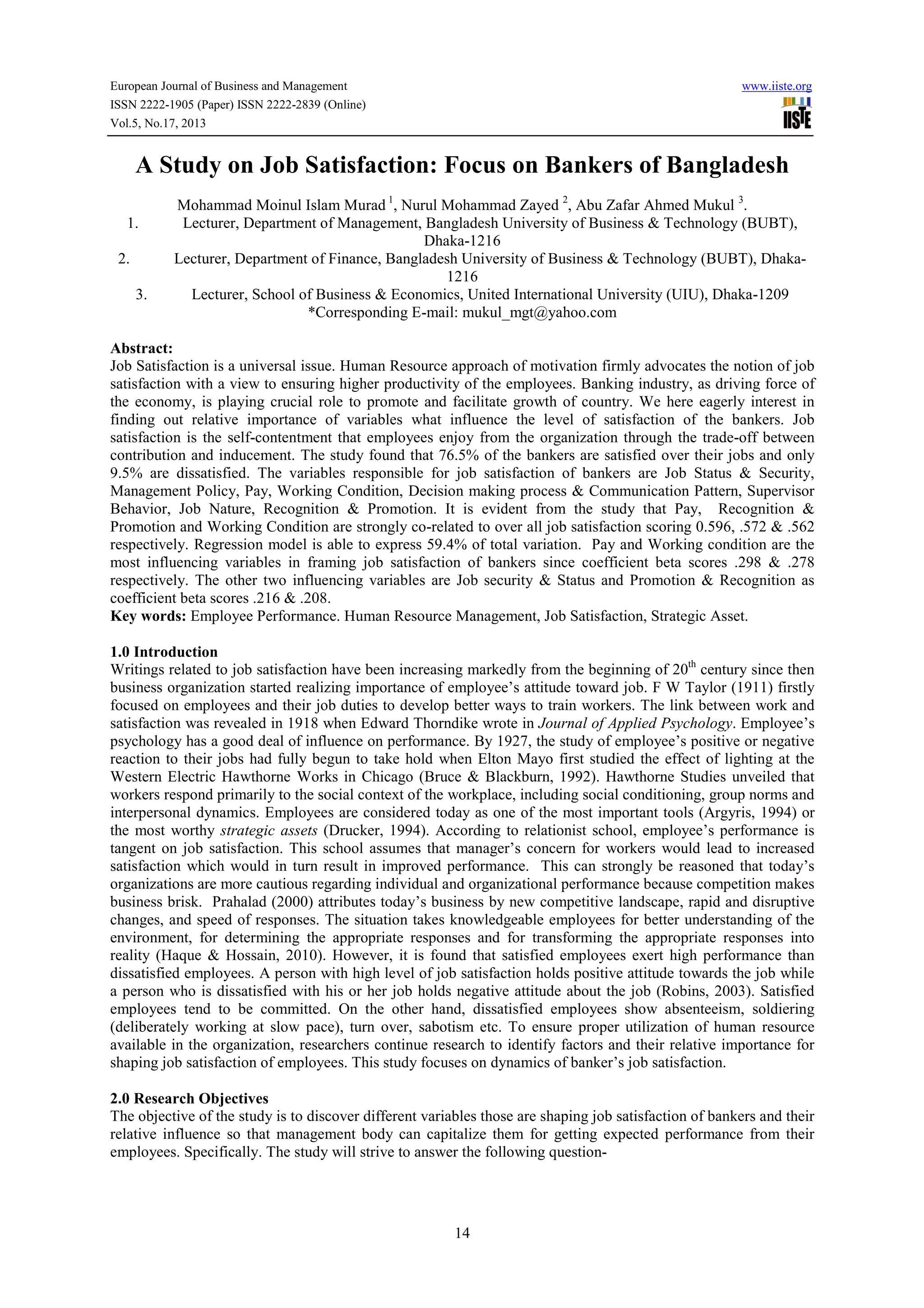A study on job satisfaction focus on bankers of bangladesh | PDF