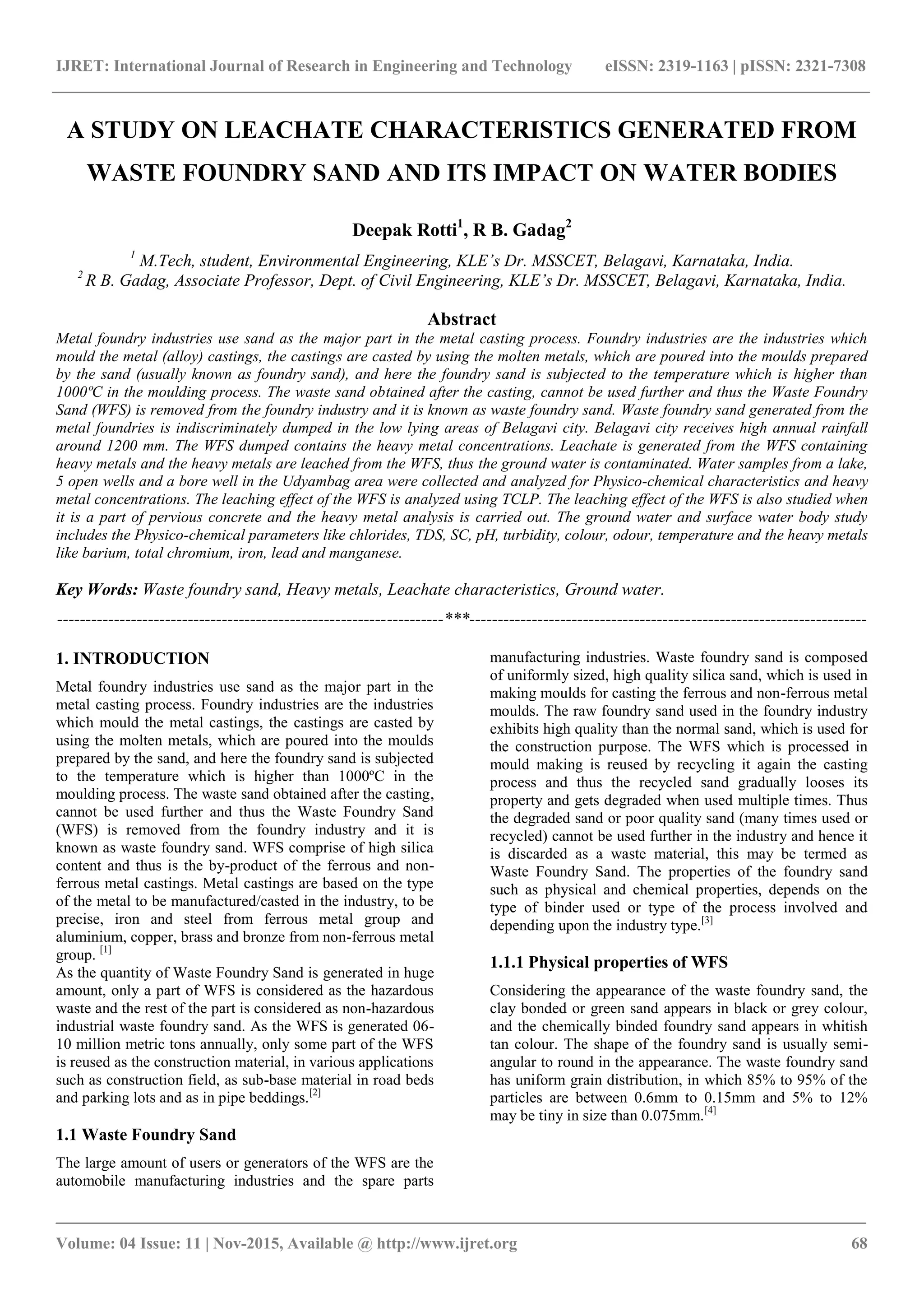 A study on leachate characteristics generated from waste foundry sand ...