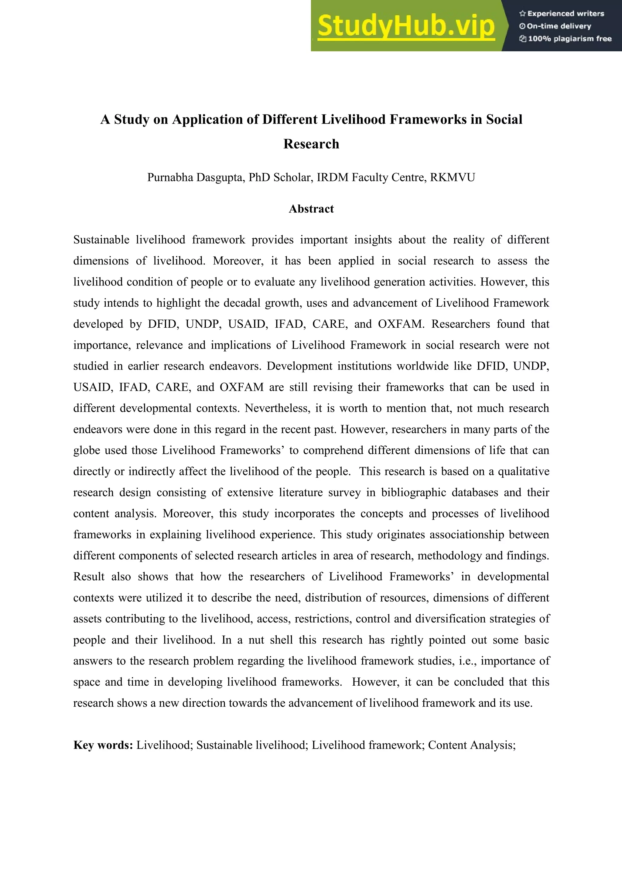 A Study On Livelihood Frameworks | PDF