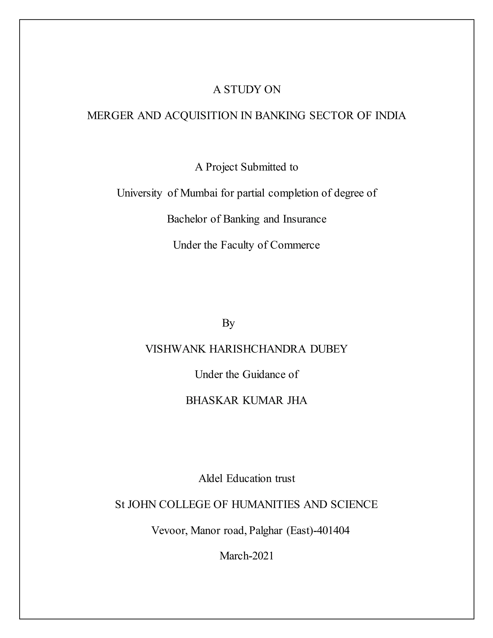 A study on merger and acquisition on indian banking sector | DOCX