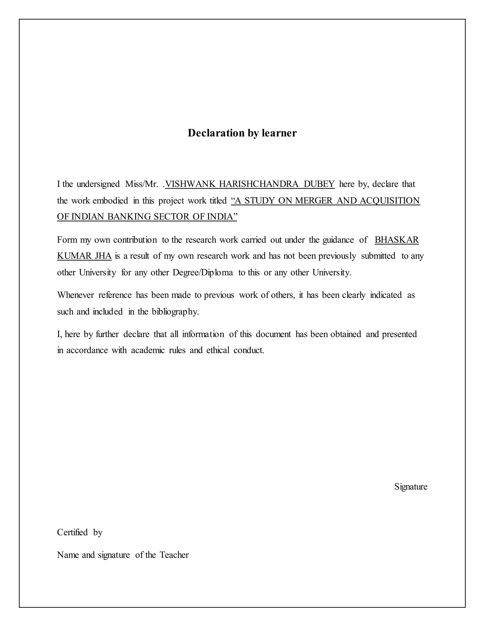 A study on merger and acquisition on indian banking sector | DOCX