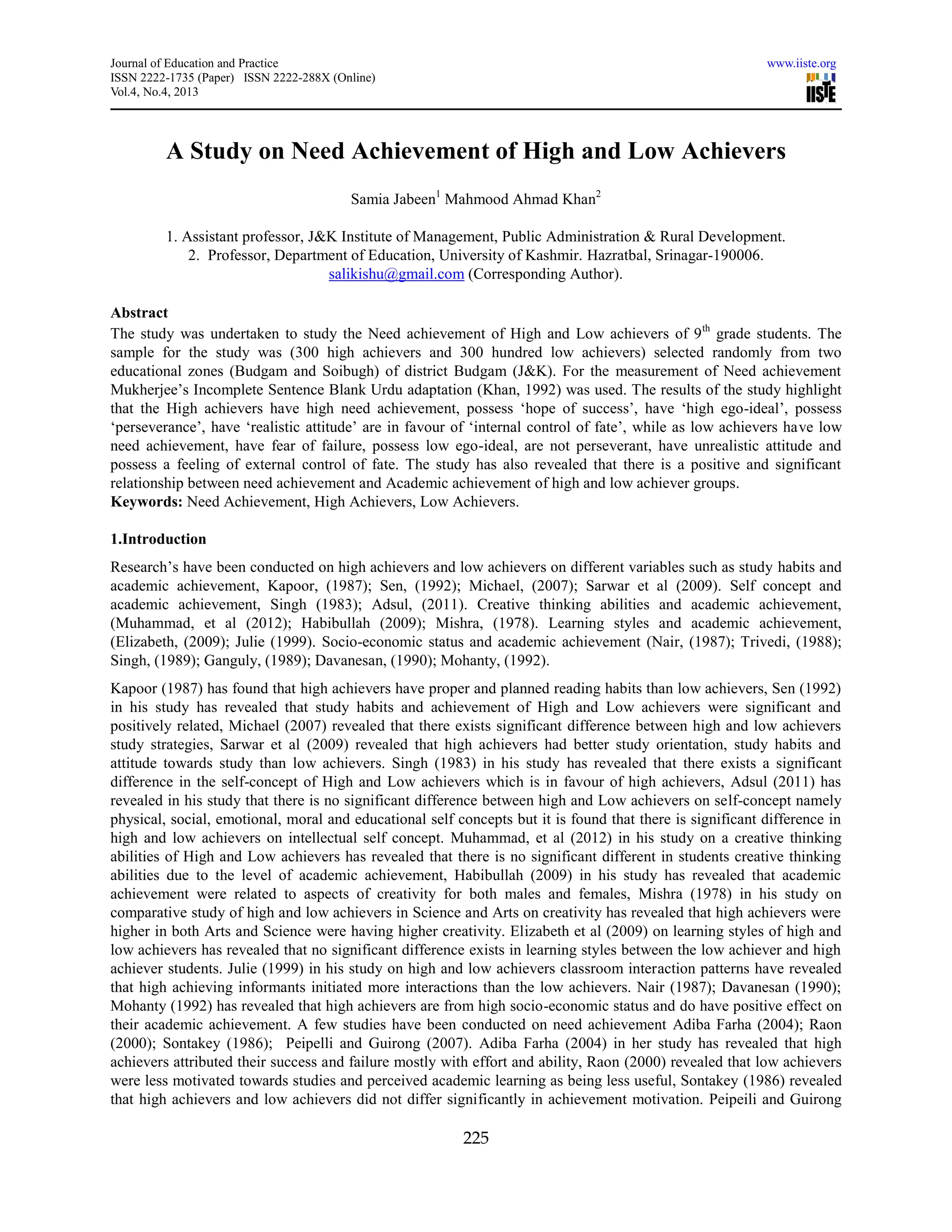 A study on need achievement of high and low achievers | PDF