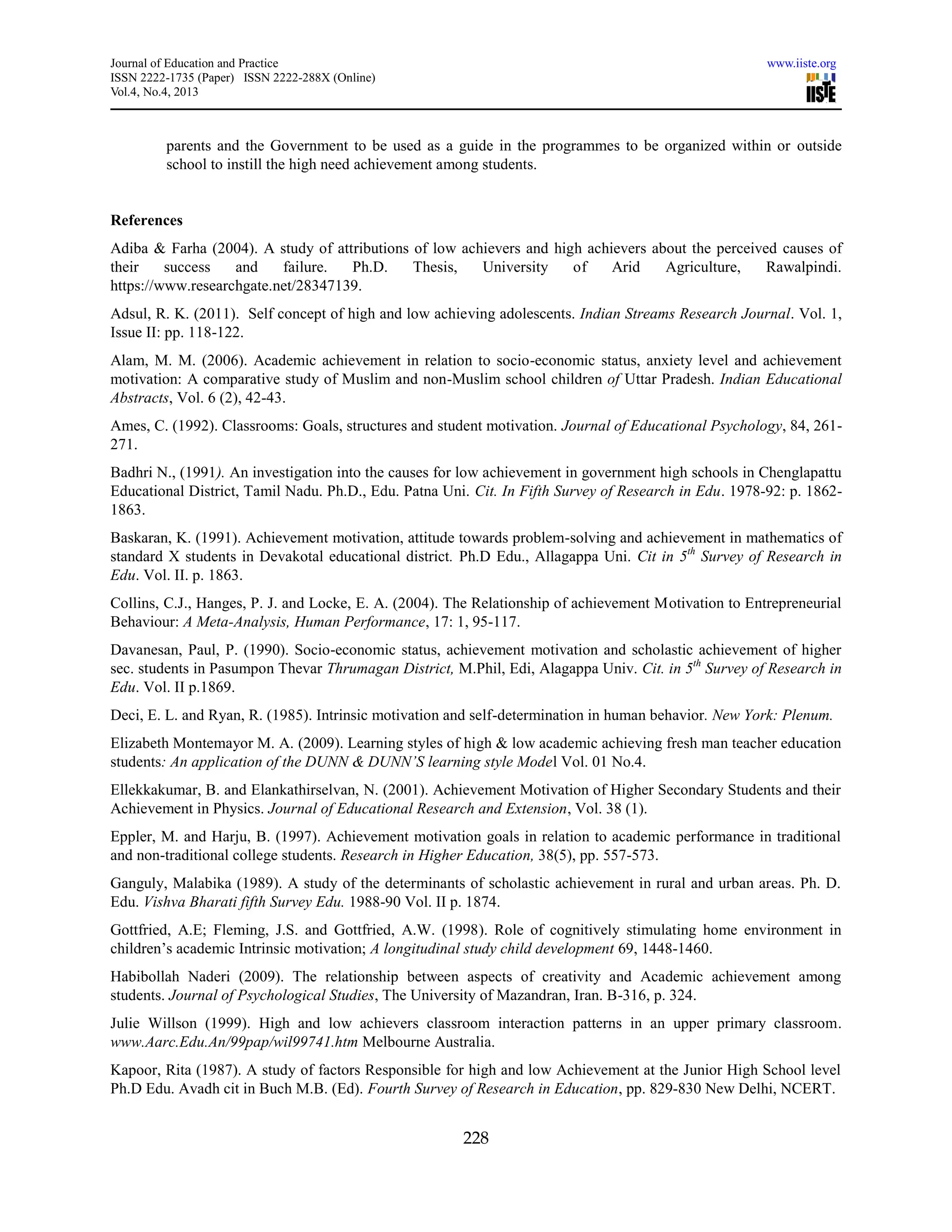 A study on need achievement of high and low achievers | PDF