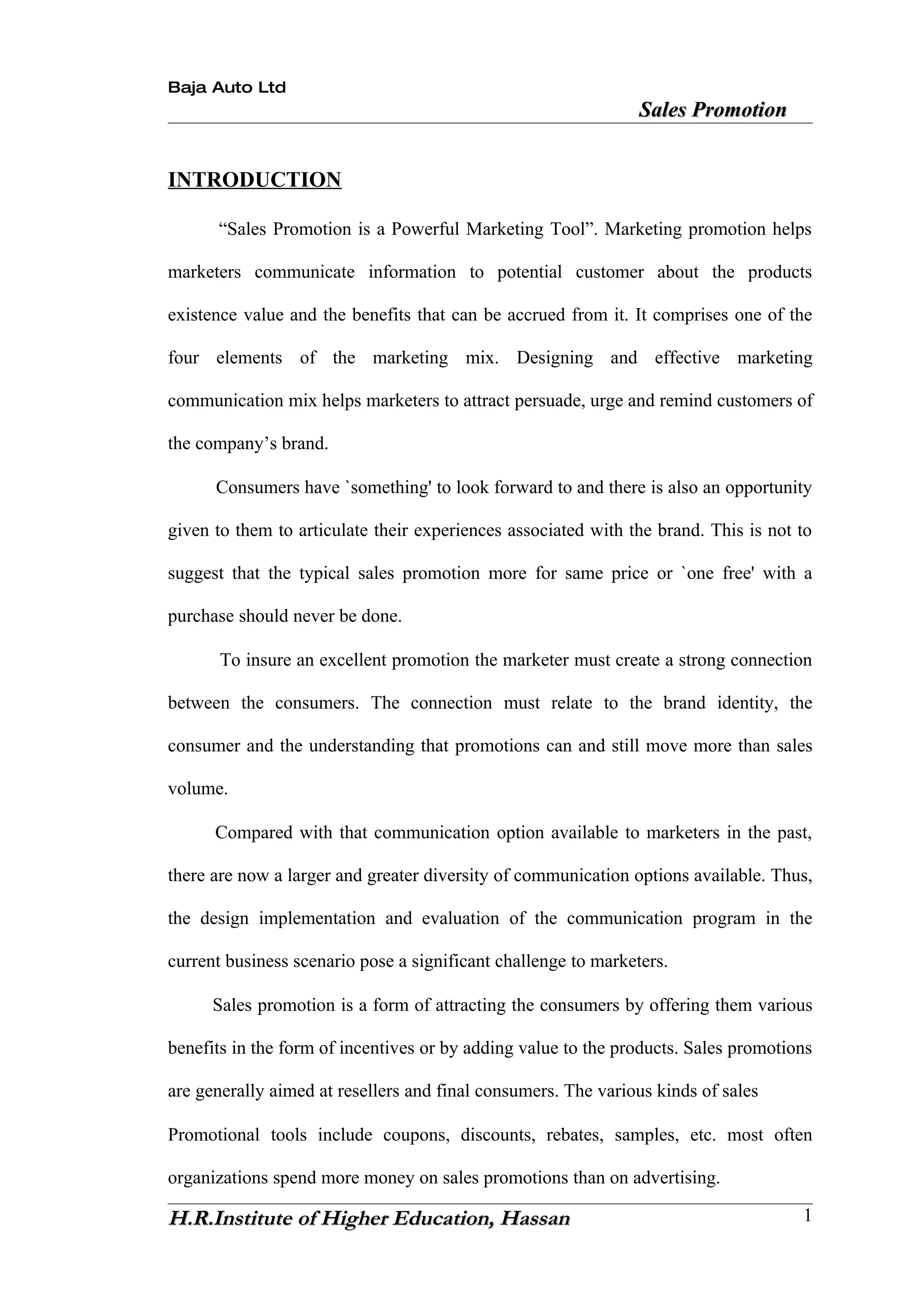 A study on promtion activities conducted at arpita bajaj, hassan | DOC