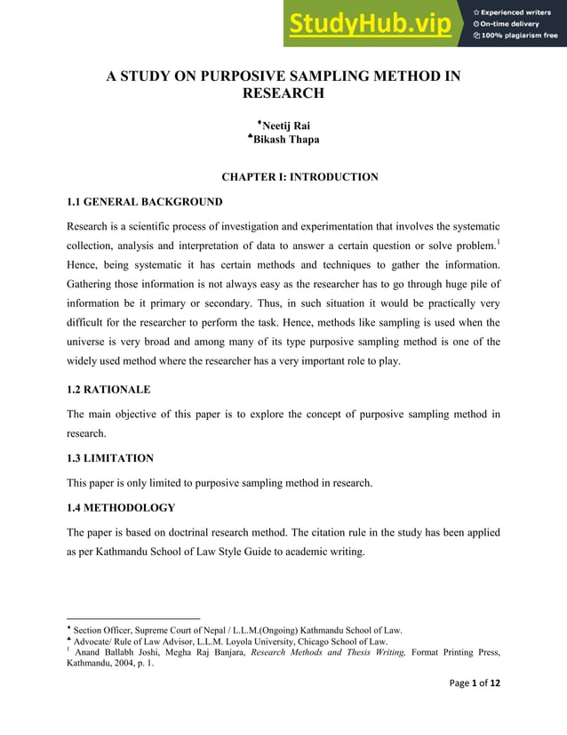 A STUDY ON PURPOSIVE SAMPLING METHOD IN RESEARCH | PDF