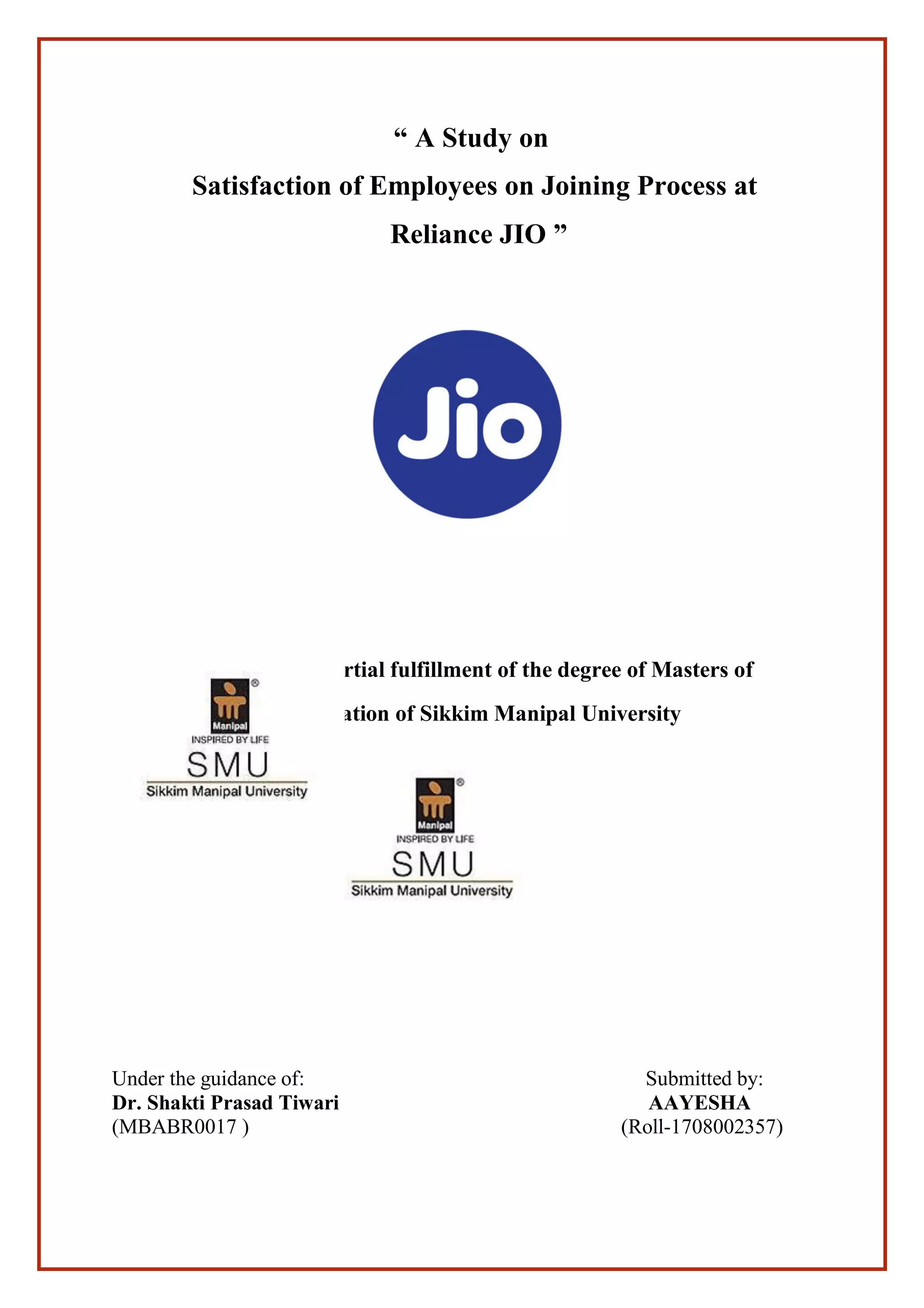 Satisfaction of Employees on Joining Process at Reliance JIO | PDF