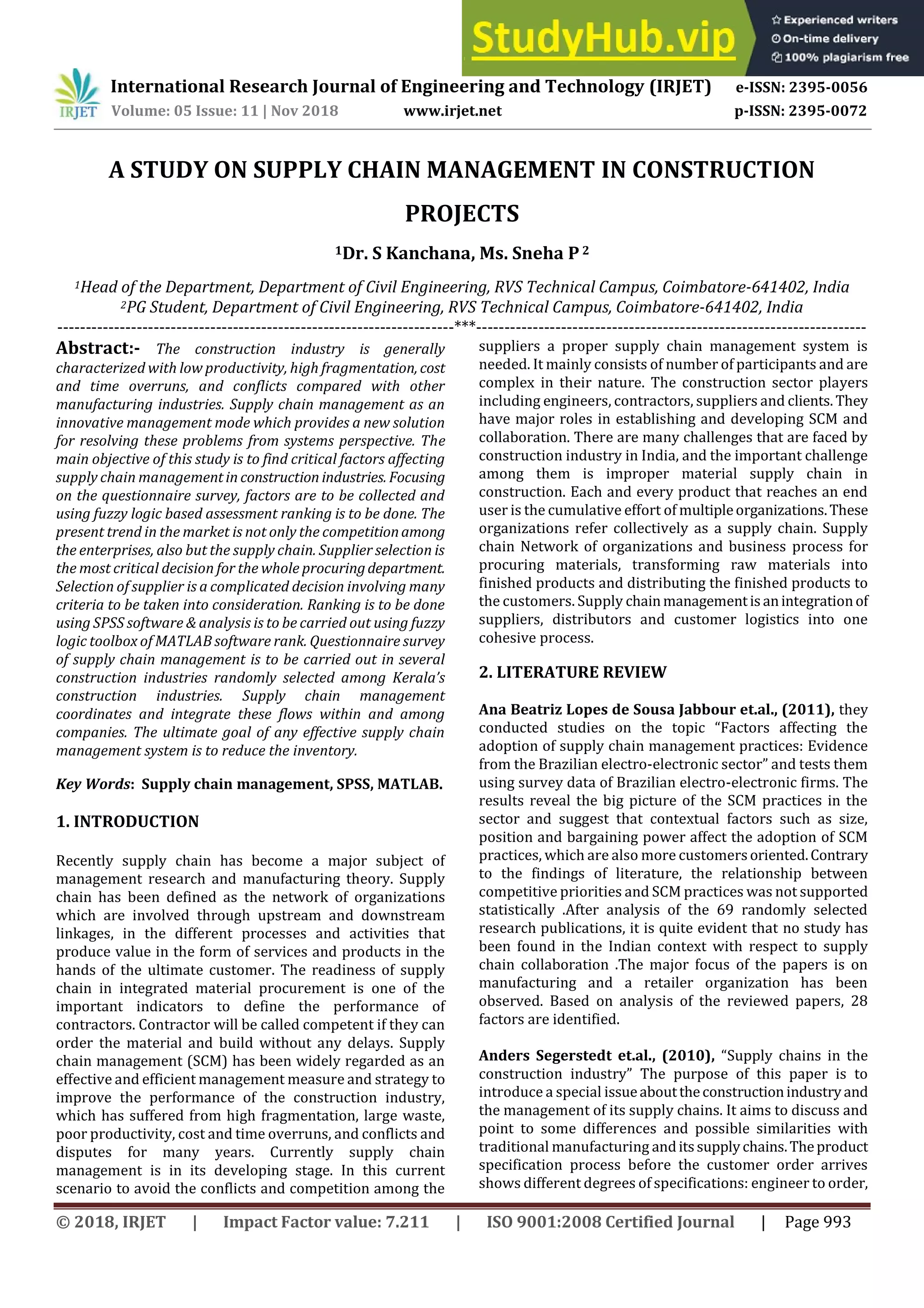 A STUDY ON SUPPLY CHAIN MANAGEMENT IN CONSTRUCTION PROJECTS | PDF