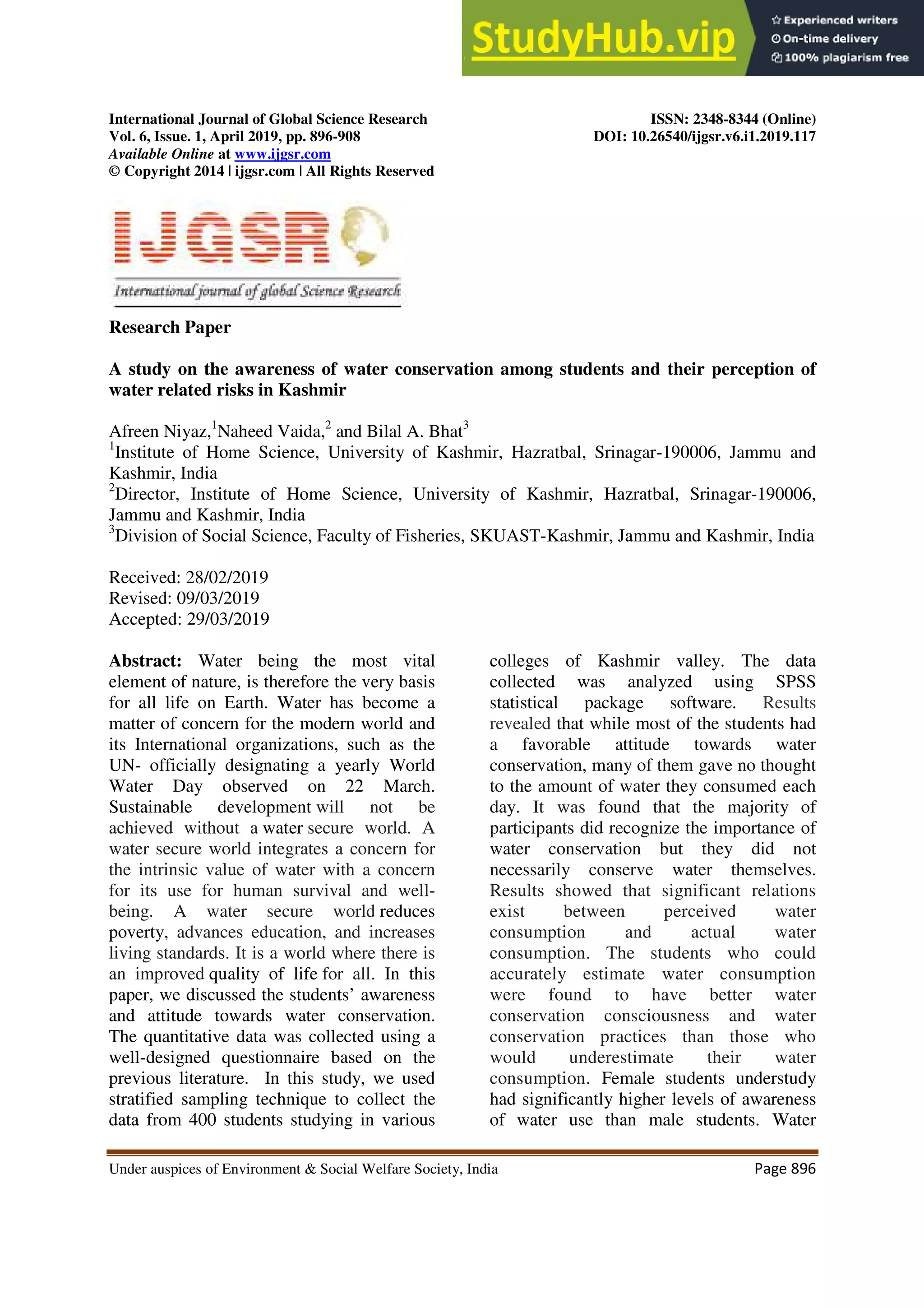 A Study On The Awareness Of Water Conservation Among Students And Their ...