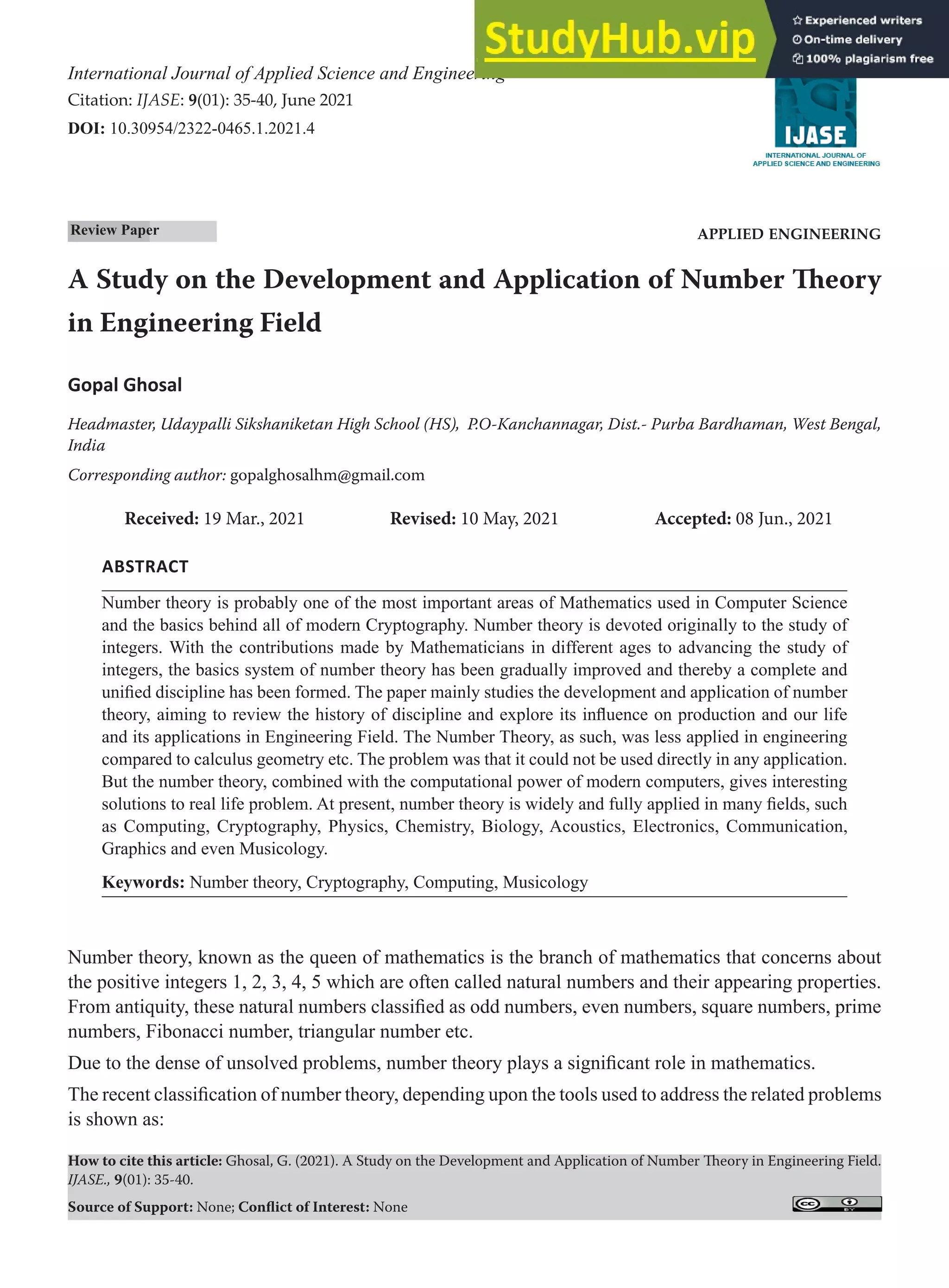 A Study On The Development And Application Of Number Theory In Engineering Field | PDF | Physics ...