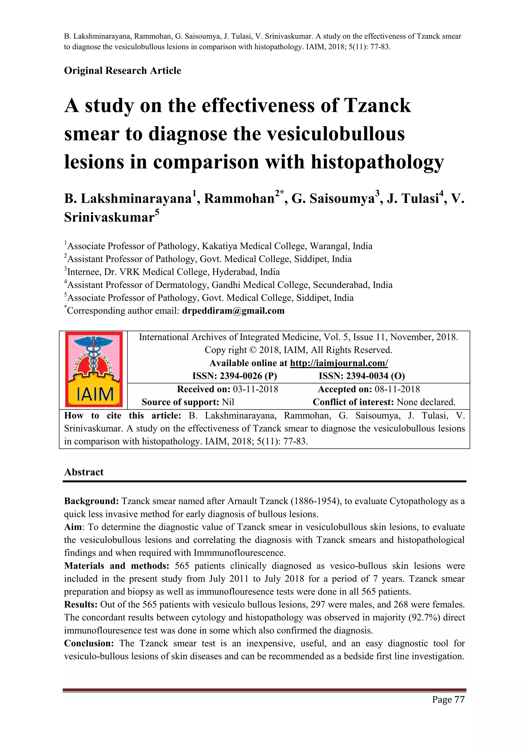 A study on the effectiveness of tzanck smear to diagnose the ...