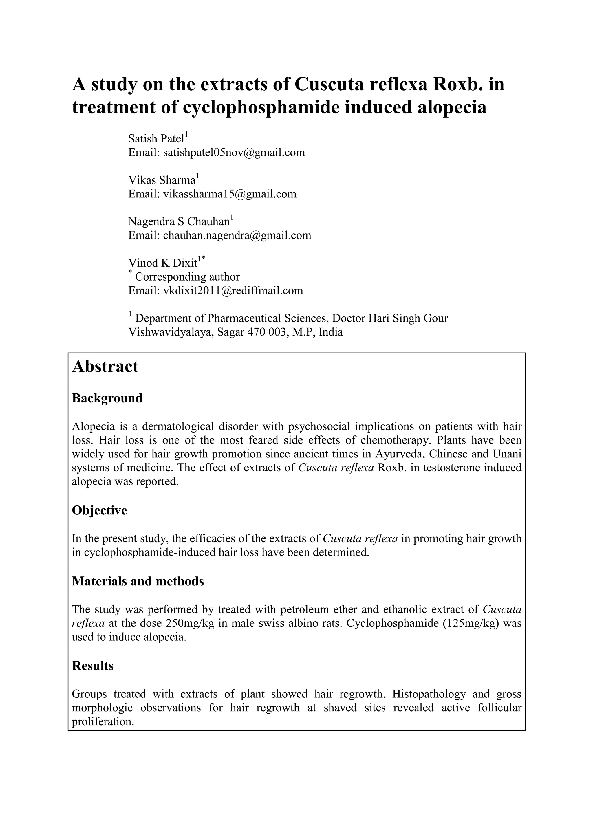 A study on the extracts of cuscuta reflexa roxb. in treatment of ...