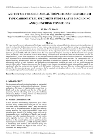 A study on the mechanical properties of s45 c medium type carbon steel specimens under lathe ...