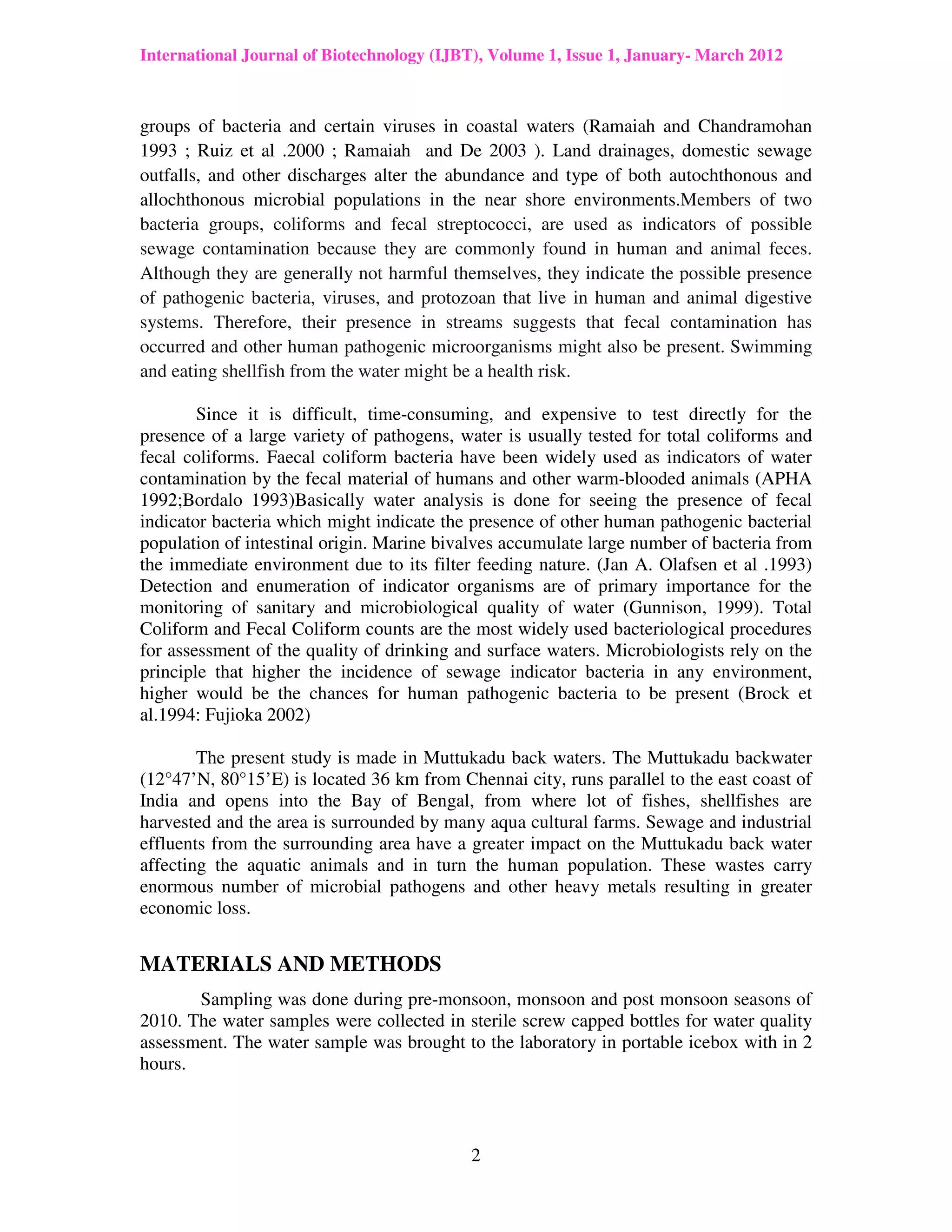 A study on the presence of fecal pollution indicator | PDF