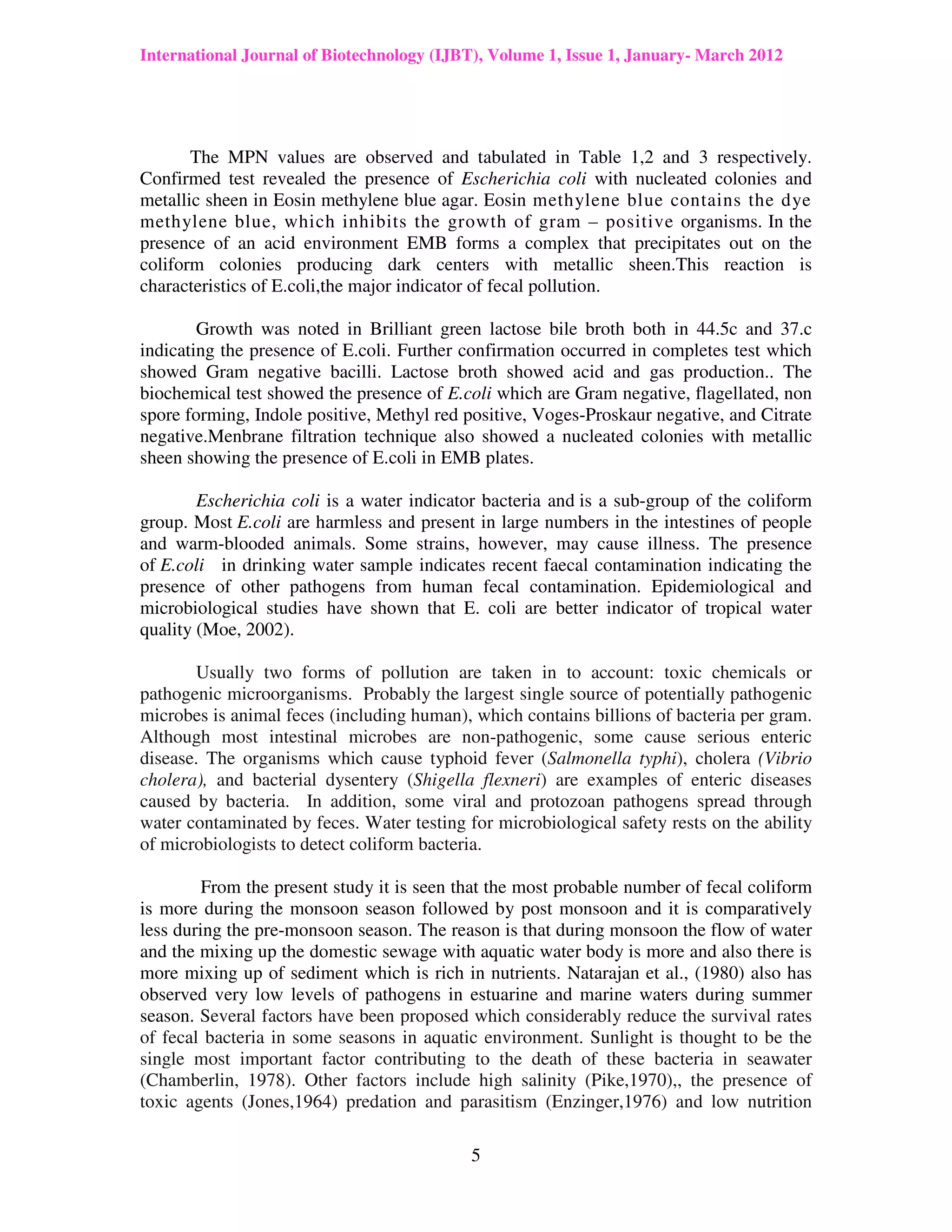 A study on the presence of fecal pollution indicator | PDF