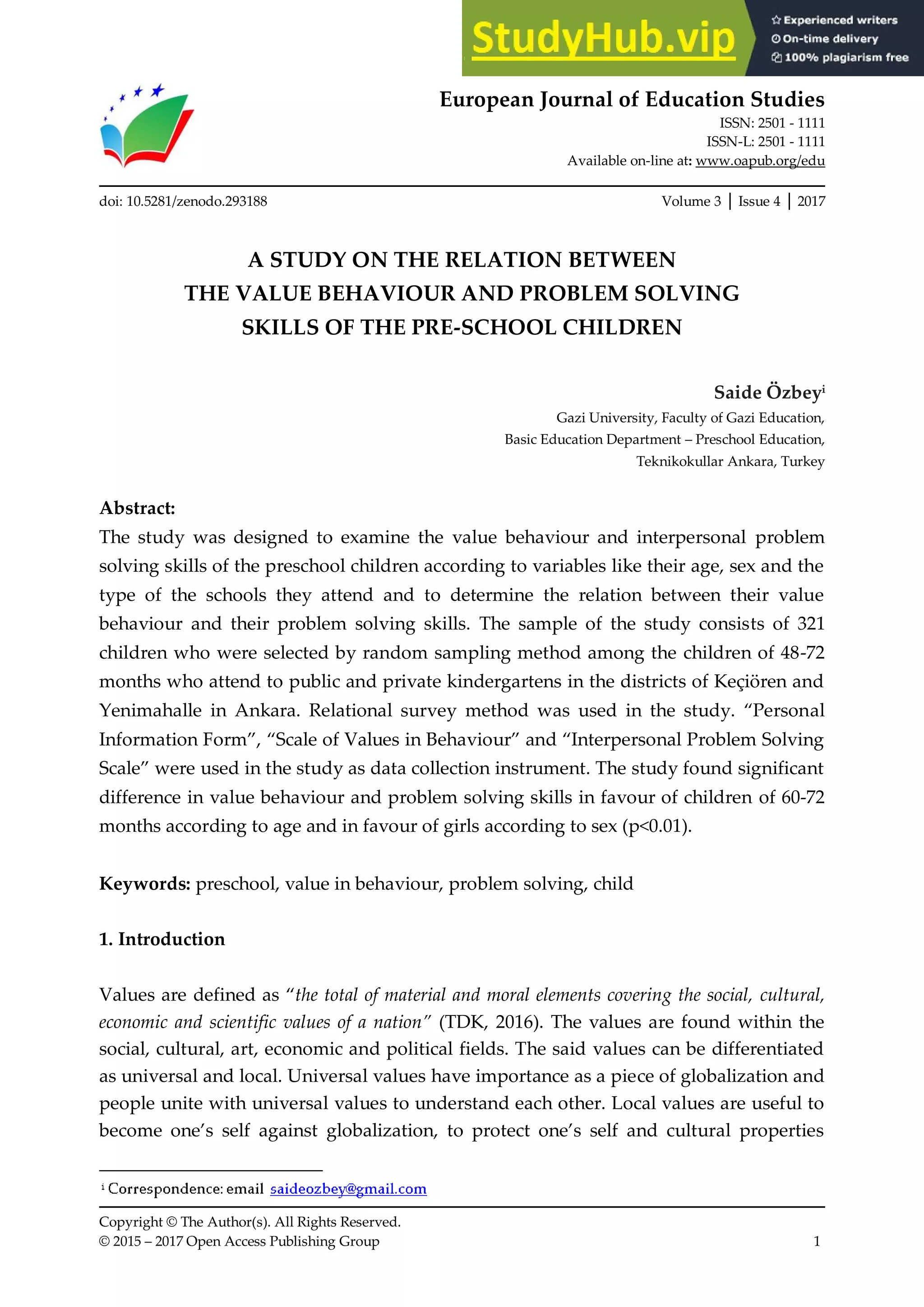 A STUDY ON THE RELATION BETWEEN THE VALUE BEHAVIOUR AND PROBLEM SOLVING ...